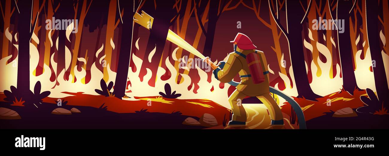 Fireman fight with fire in forest, man extinguish burning wildfire at night wood with raging ...