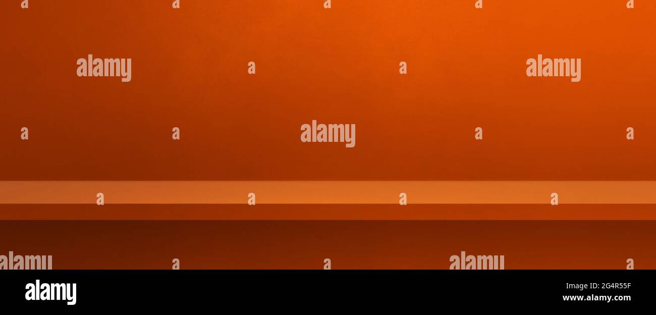 Empty shelf on orange wall. Background template scene. Horizontal ...