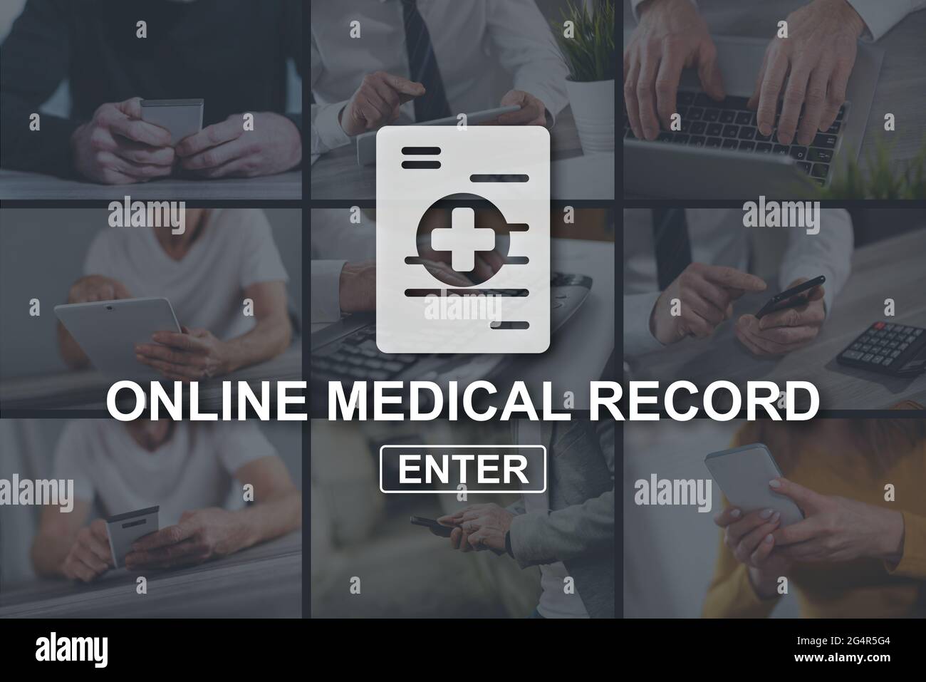 Online medical record concept illustrated by pictures on background ...