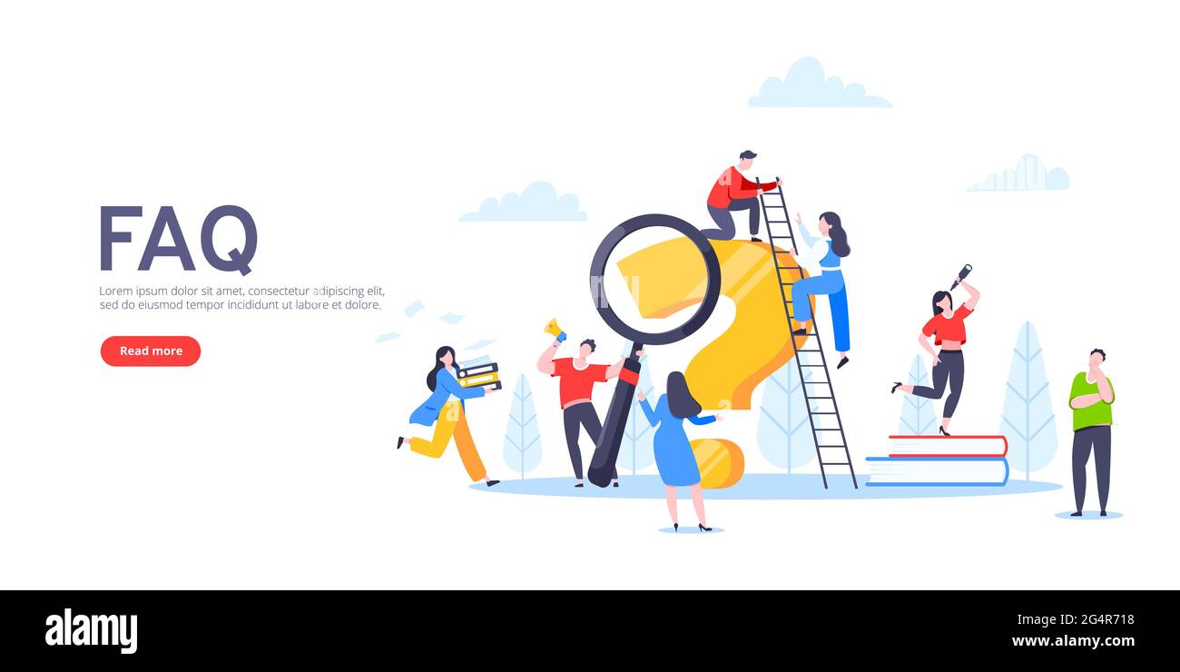 Q and A or FAQ concept with tiny people characters, big question mark, frequently asked ...