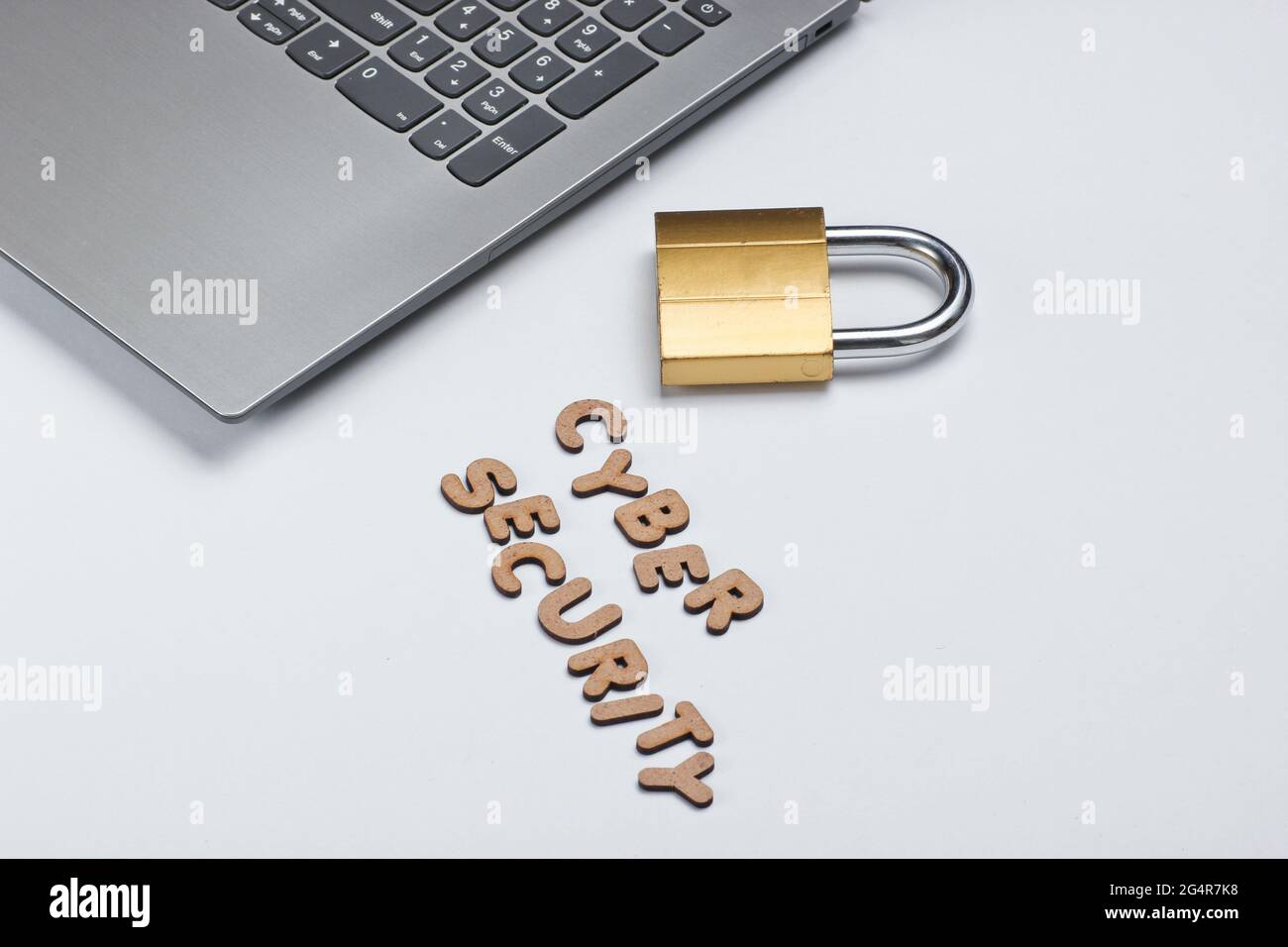 Cyber security. Laptop and Lock on gray background. Minimalistic ...