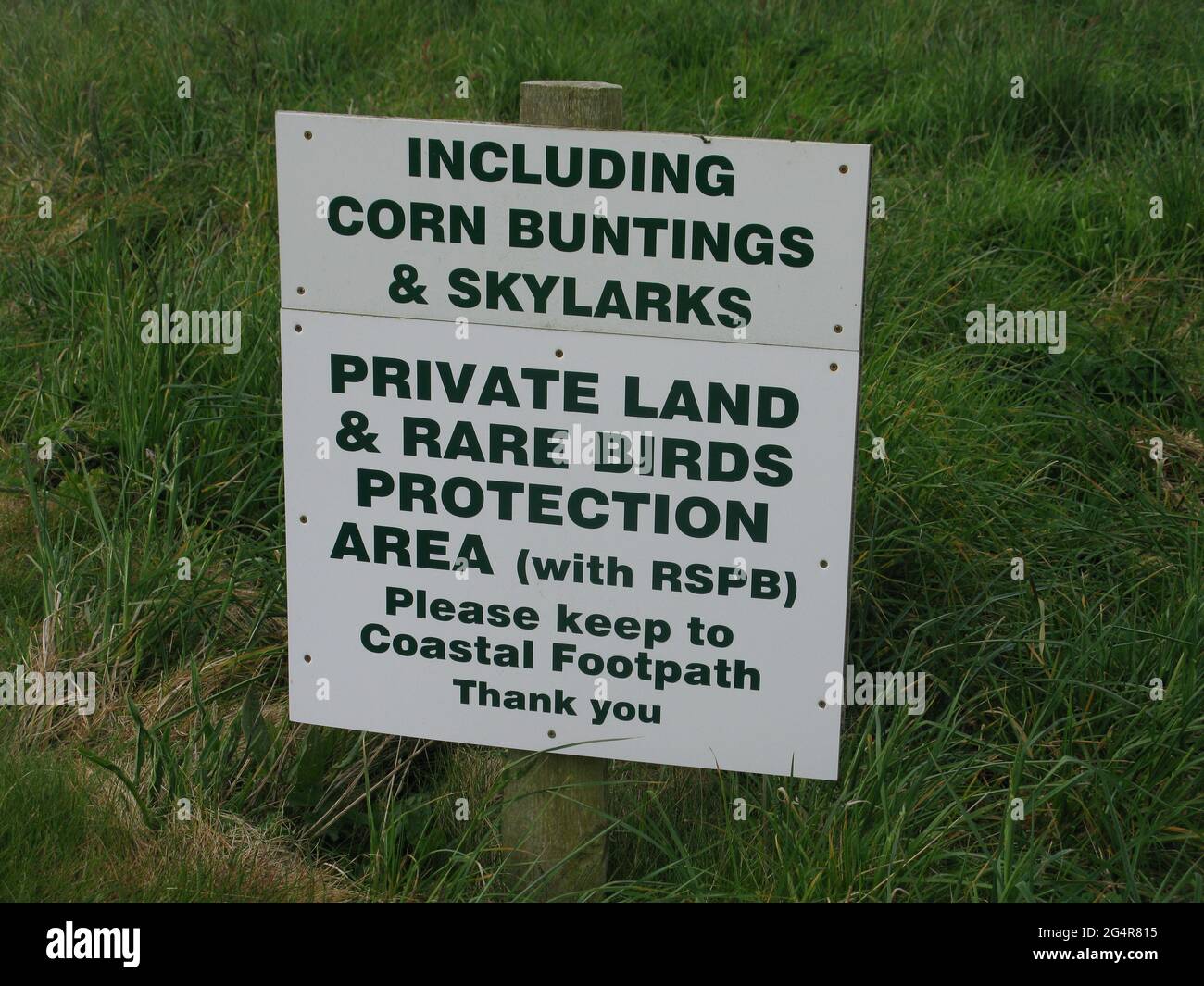Private land and rare birds protection area sign. South west coast path ...