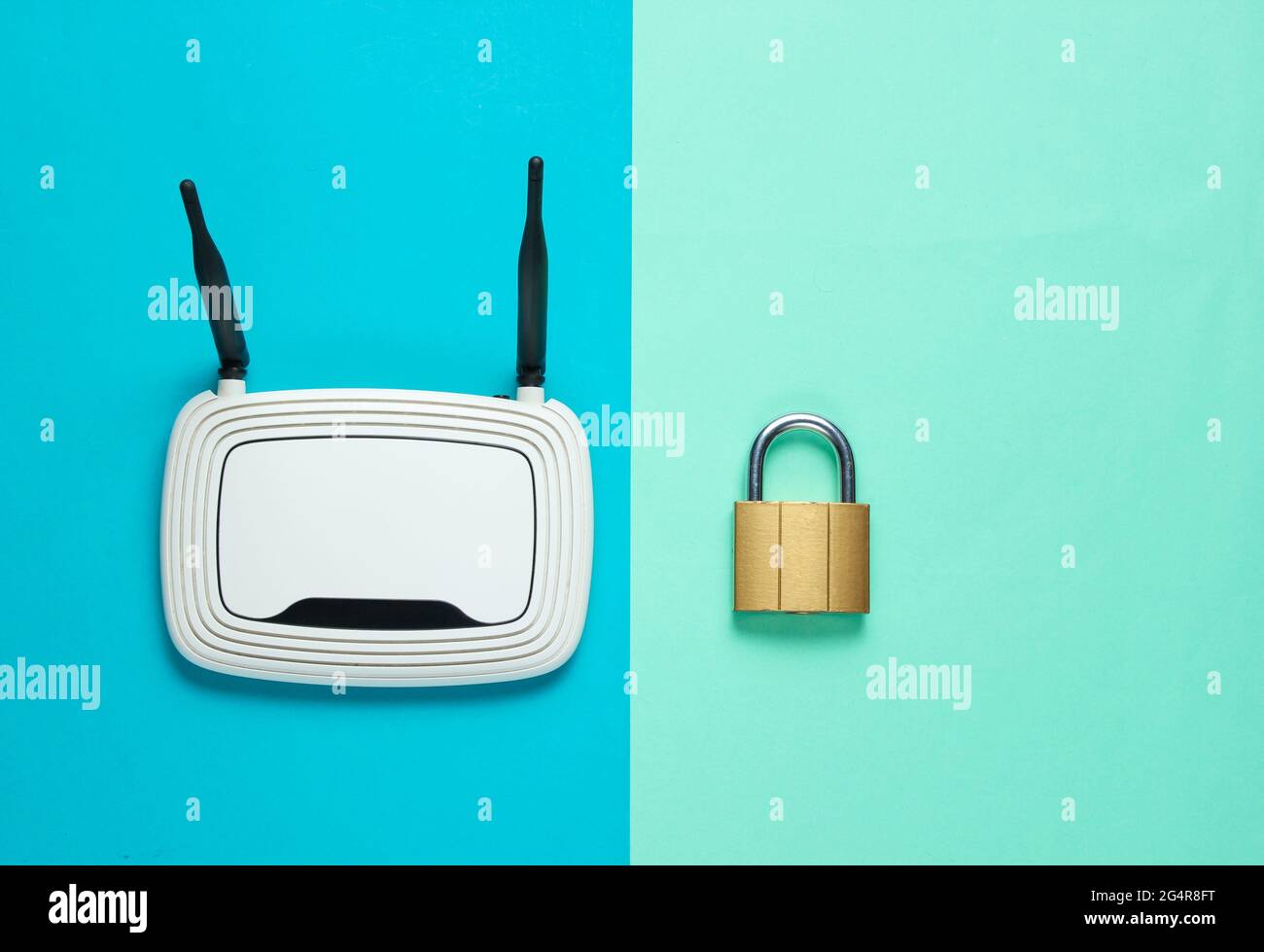 Wi-fi router with lock on blue background. Minimalism. Top view Stock ...