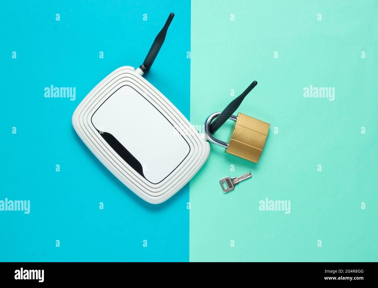 Wi-fi router with lock on blue background. Minimalism. Top view Stock ...