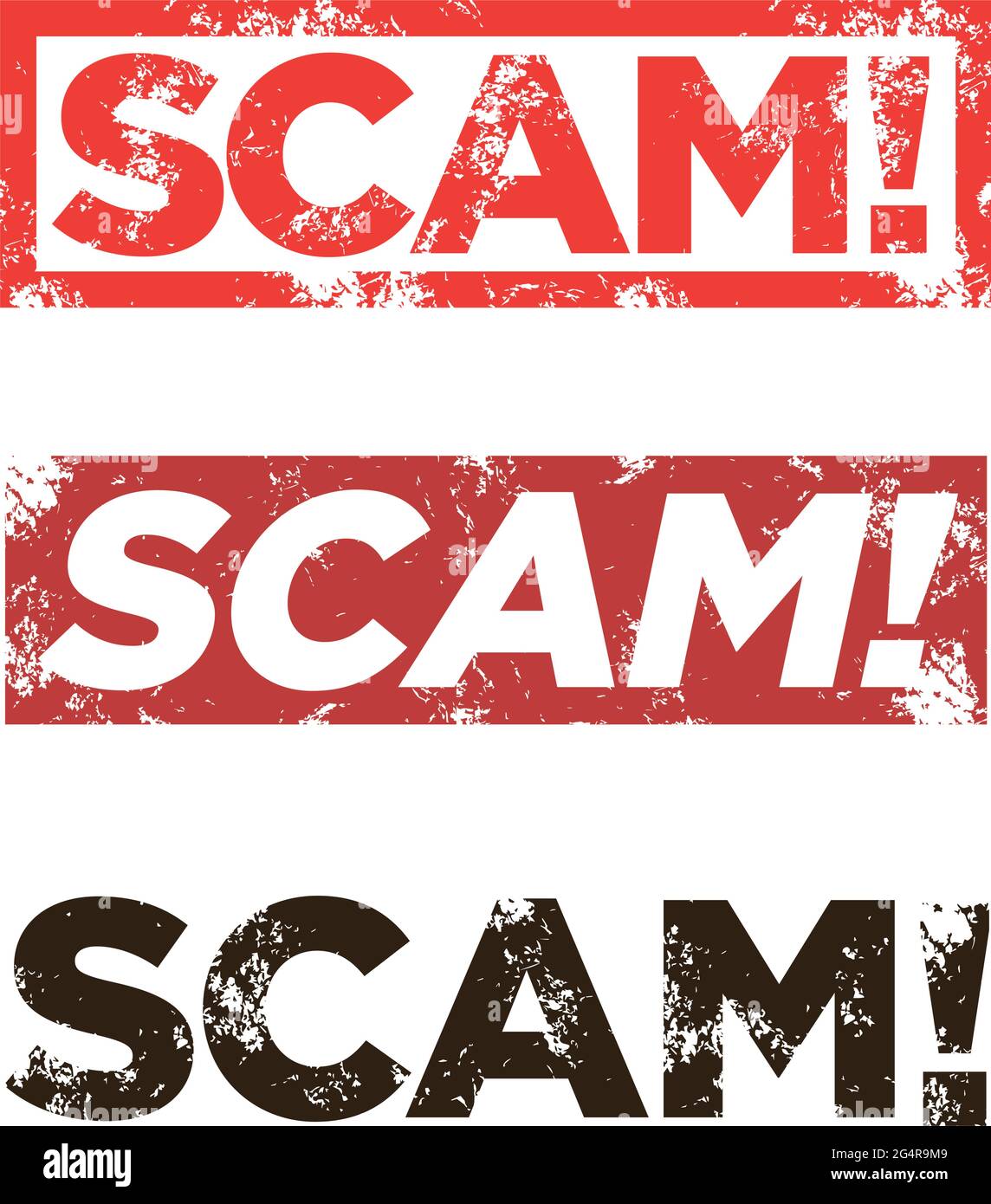 Set of three of Scam grunge red stamps. Scam square vector sign label ...