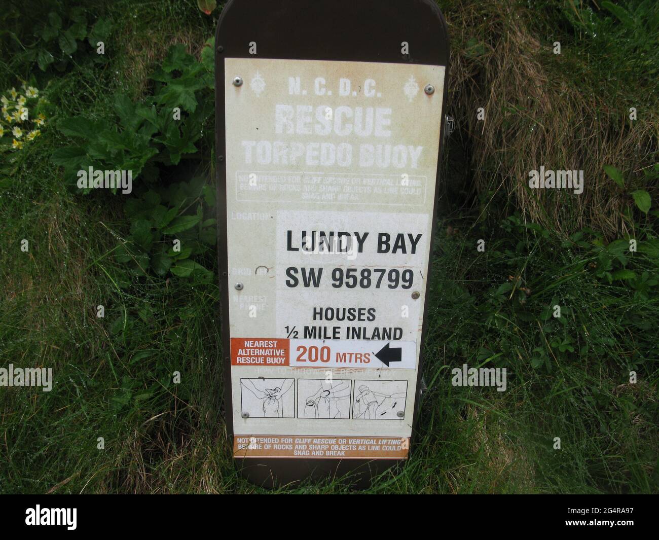 Lundy bay rescue torpedo sign. South west coast path. North Cornwall ...