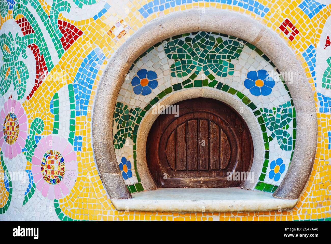 outdoor ticket window decorated with colorful ceramic mosaic in ...