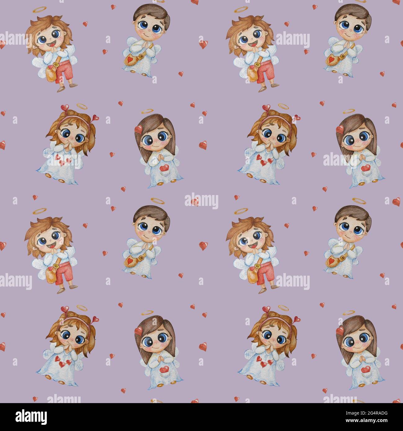 Kids collection of seamless patterns. Cute children angels - girls and ...
