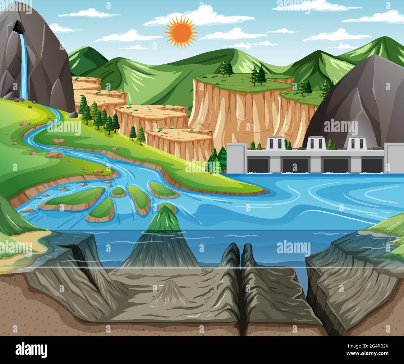 Nature scene landscape with underwater of lake illustration Stock ...