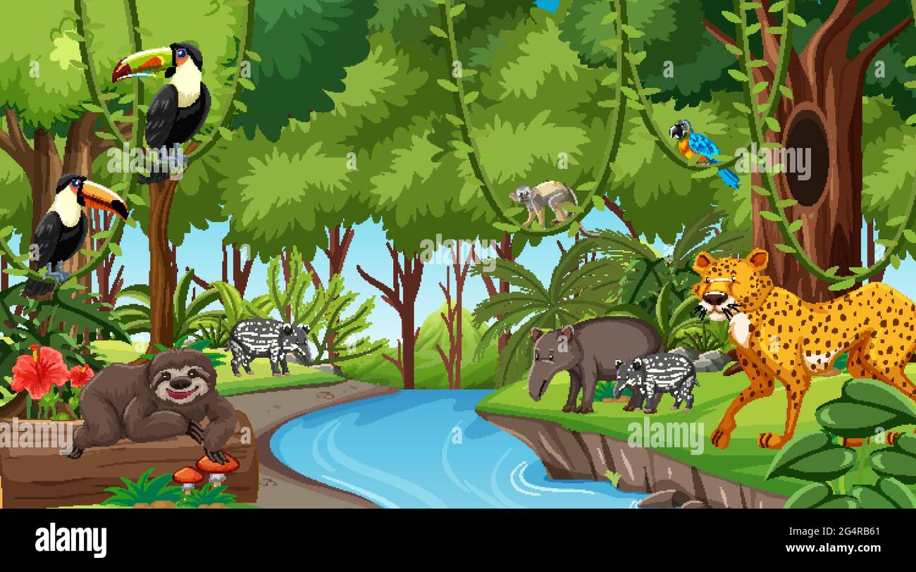 Forest at daytime scene with different wild animals illustration Stock ...