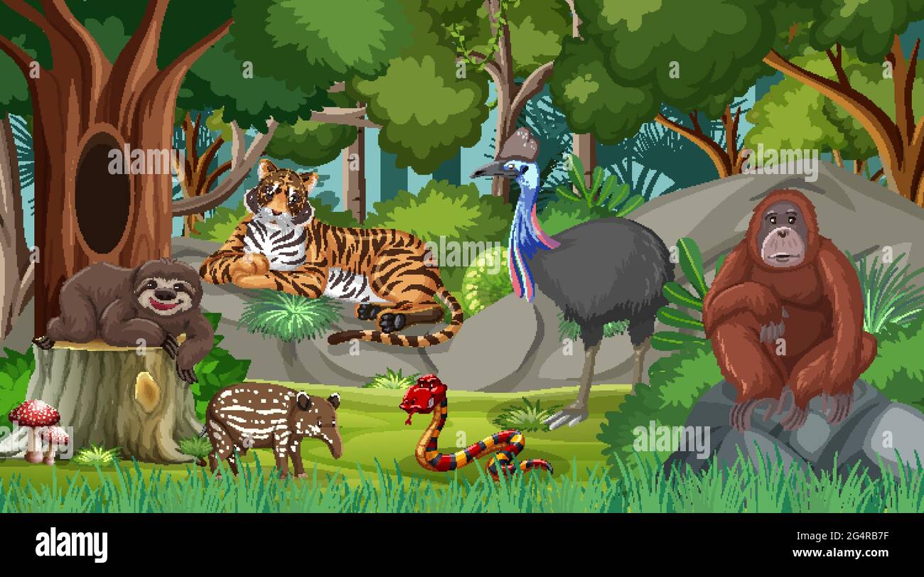 Cartoon Tree With Woodland Animals Vector Illustration Of Animals In