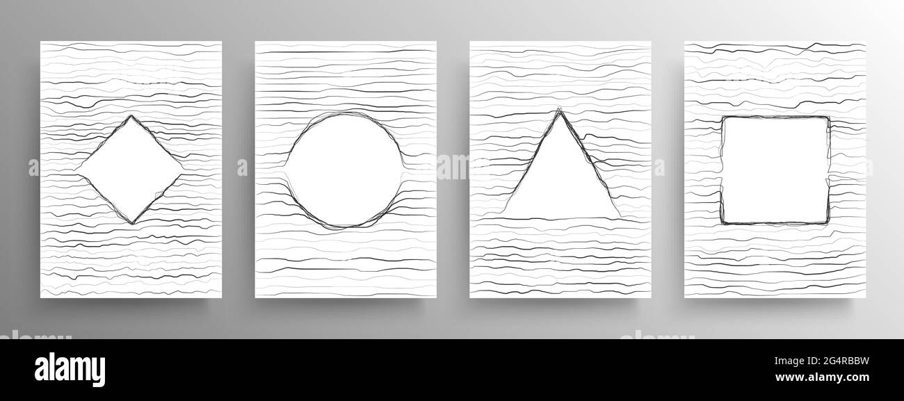 Set of poster with geomtry shapes in linear distortion style. Abstract ...