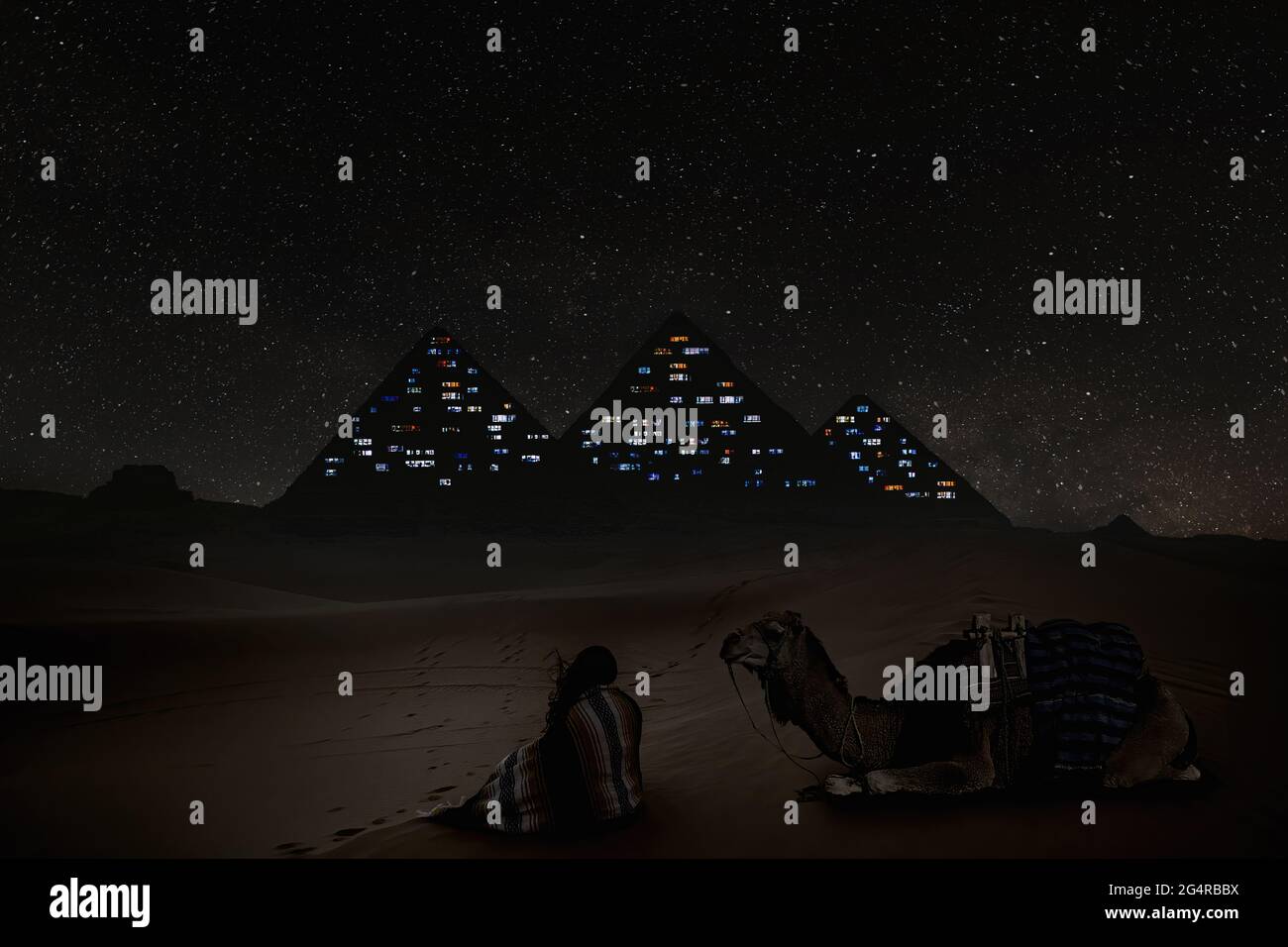 Futuristic and dystopian view of the great pyramid in Egypt. Conceptual ...