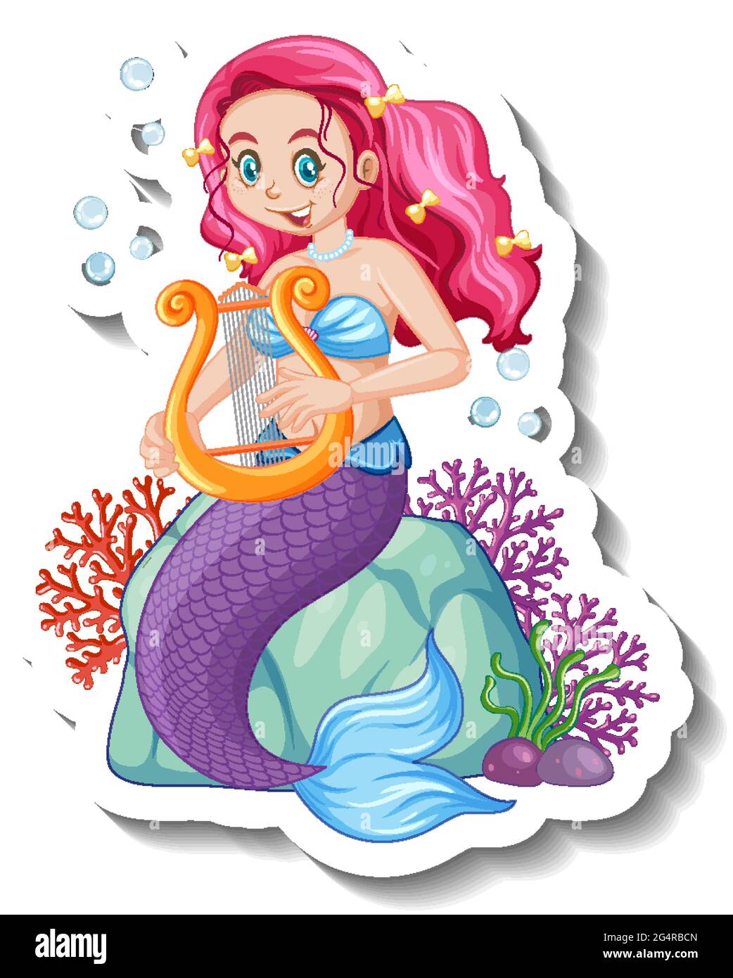A sticker template with cute mermaid cartoon character illustration ...
