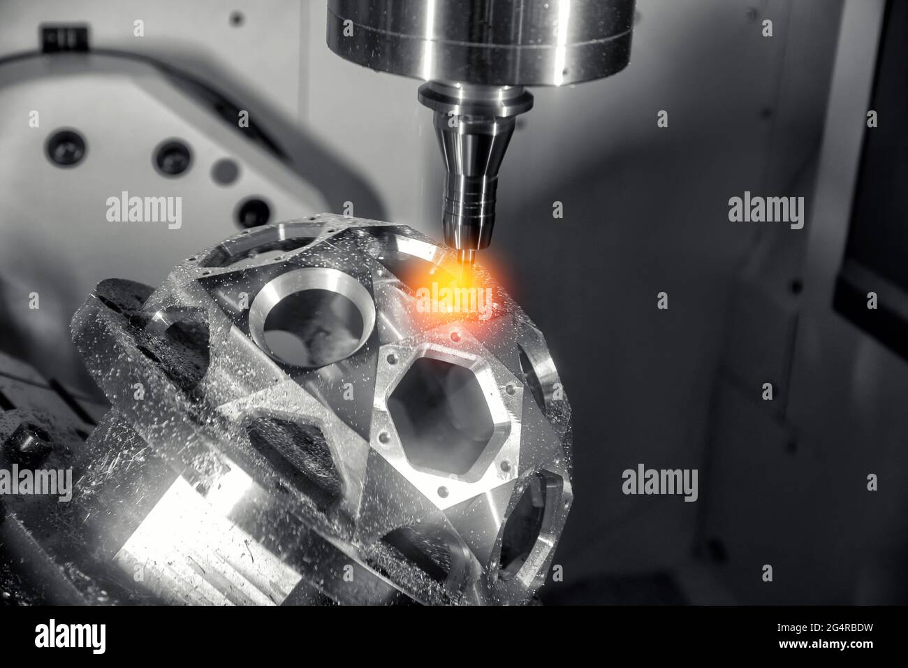 Cnc steel milling process with metal chips, industry factory background ...
