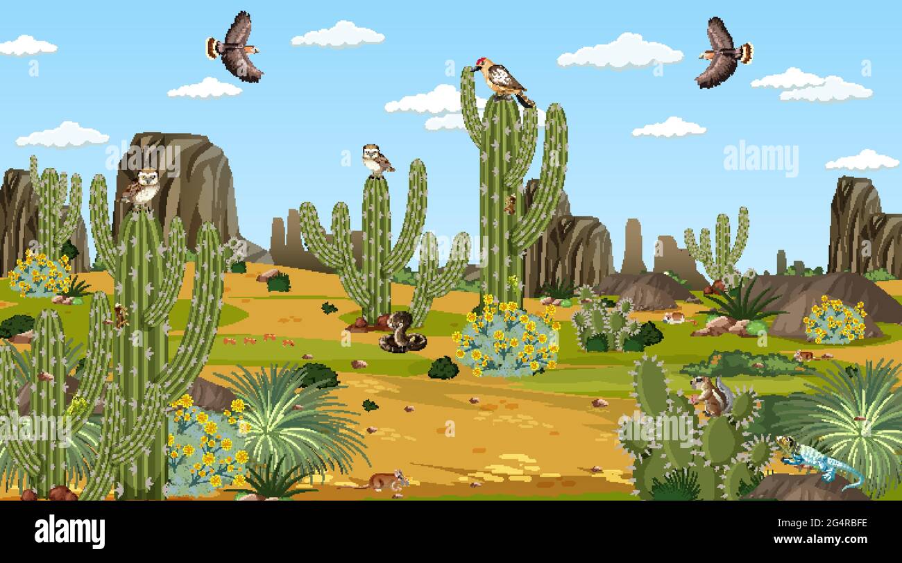 Desert forest landscape at daytime scene with desert animals and plants ...