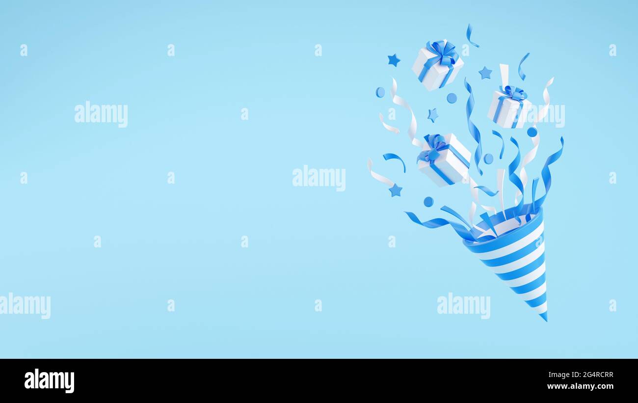 Party popper with flying confetti and gift boxes 3d render illustration ...