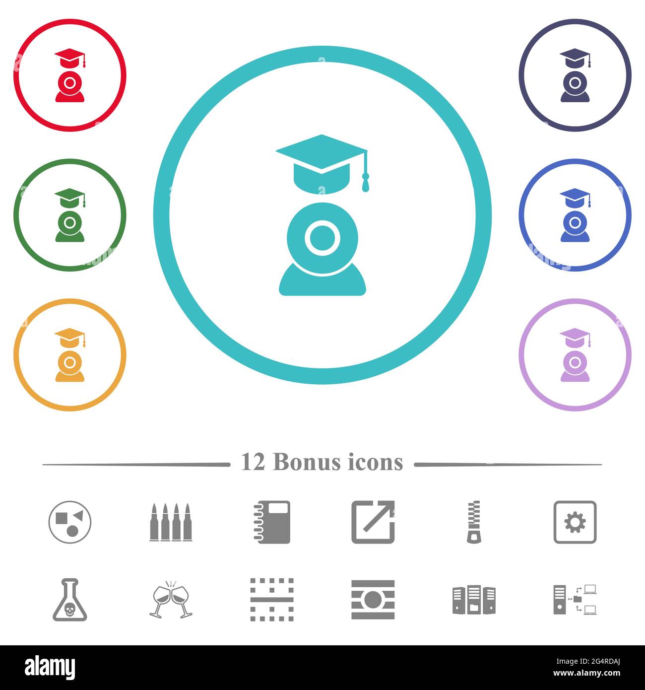 Distance learning flat color icons in circle shape outlines. 12 bonus ...