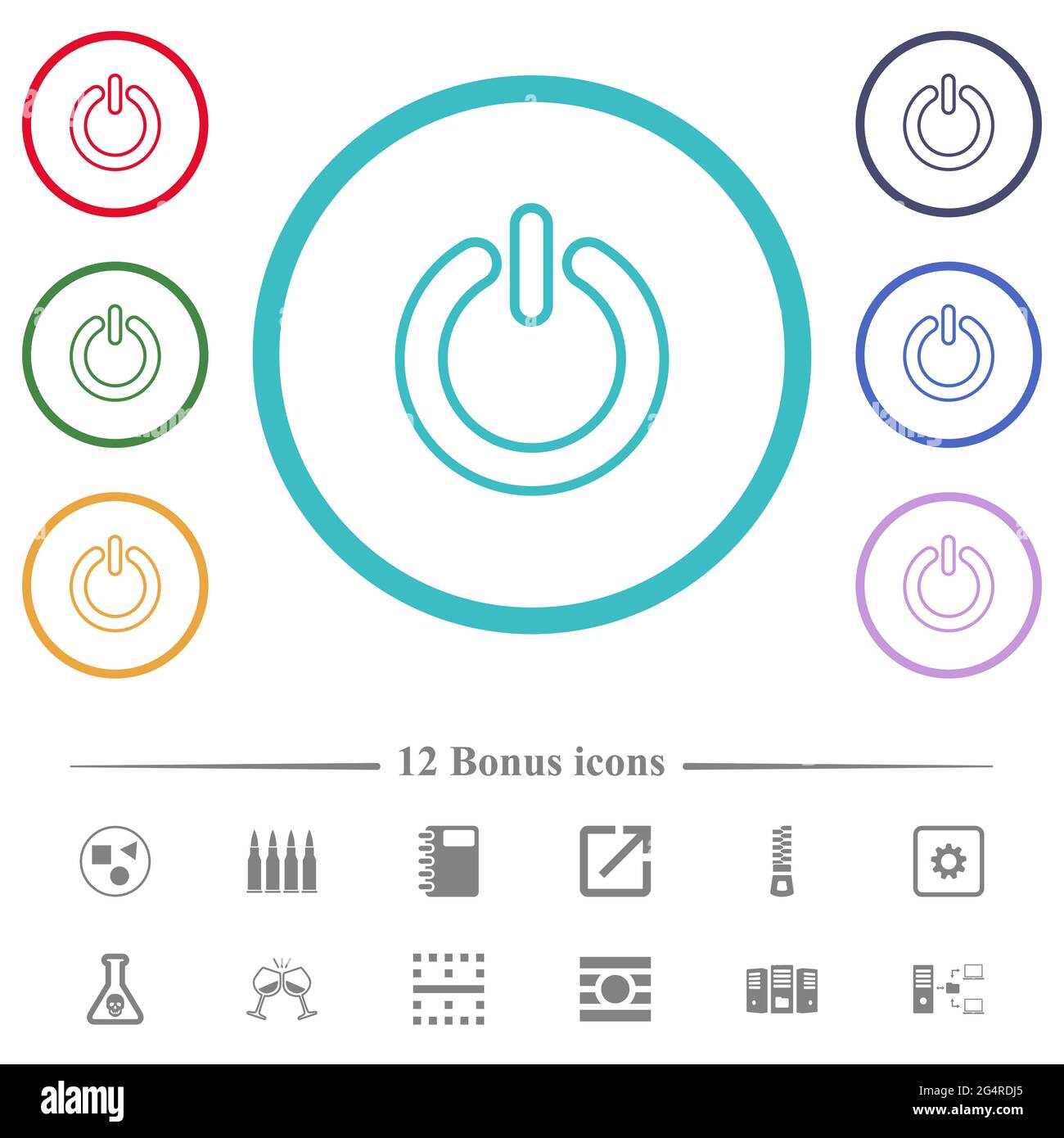 Power switch flat color icons in circle shape outlines. 12 bonus icons ...