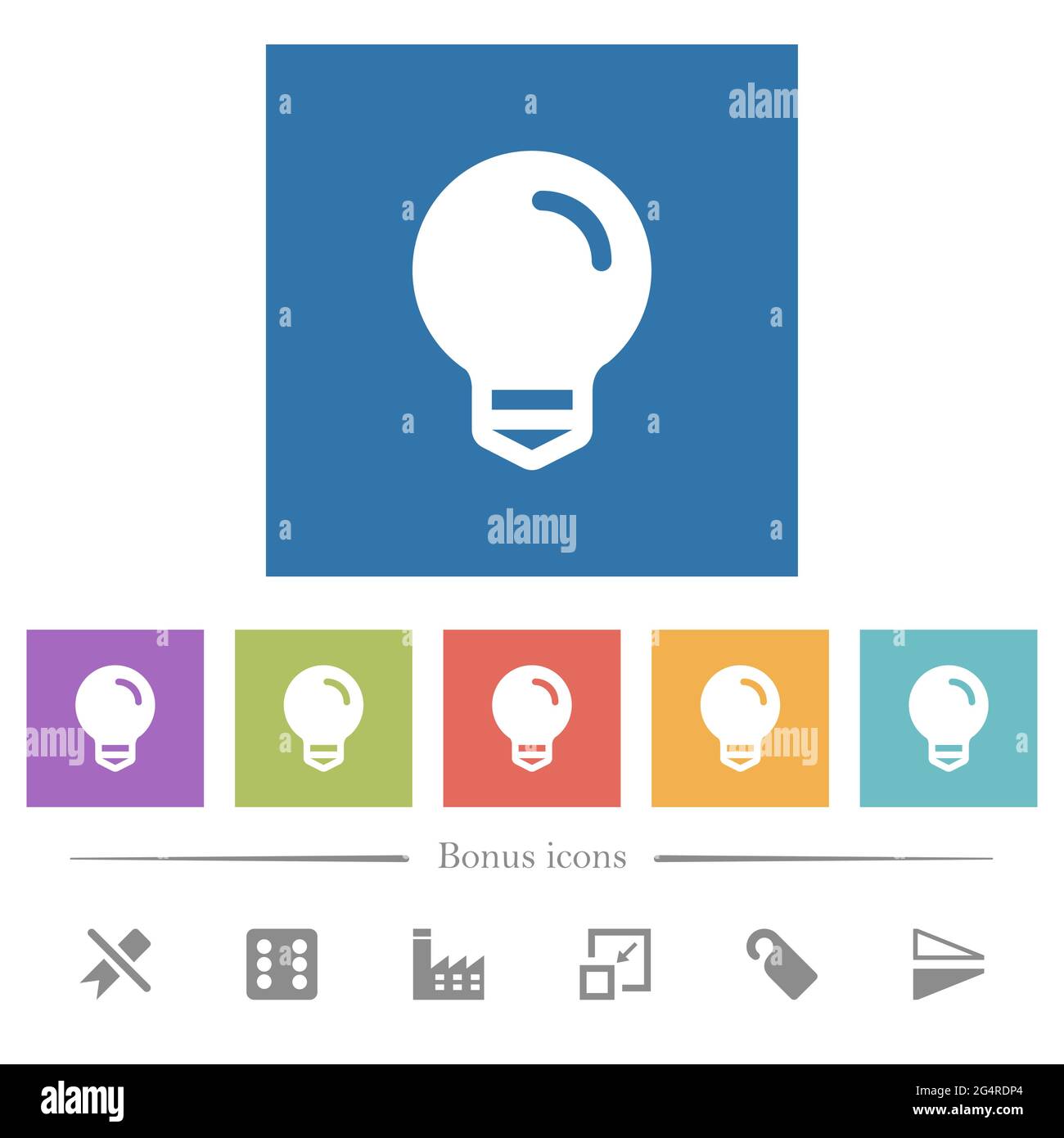 Light bulb flat white icons in square backgrounds. 6 bonus icons ...