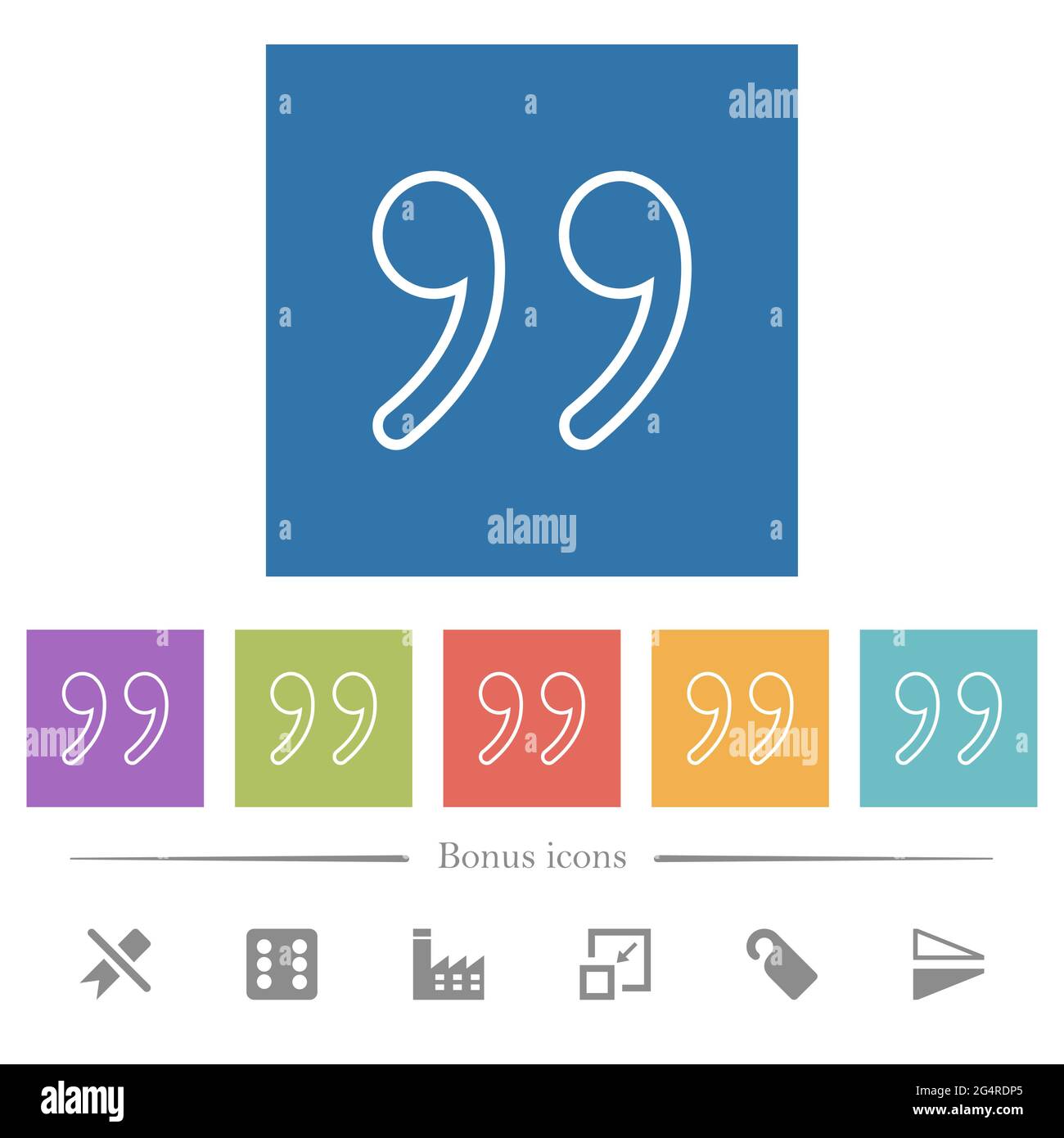 Quotation mark outline flat white icons in square backgrounds. 6 bonus ...