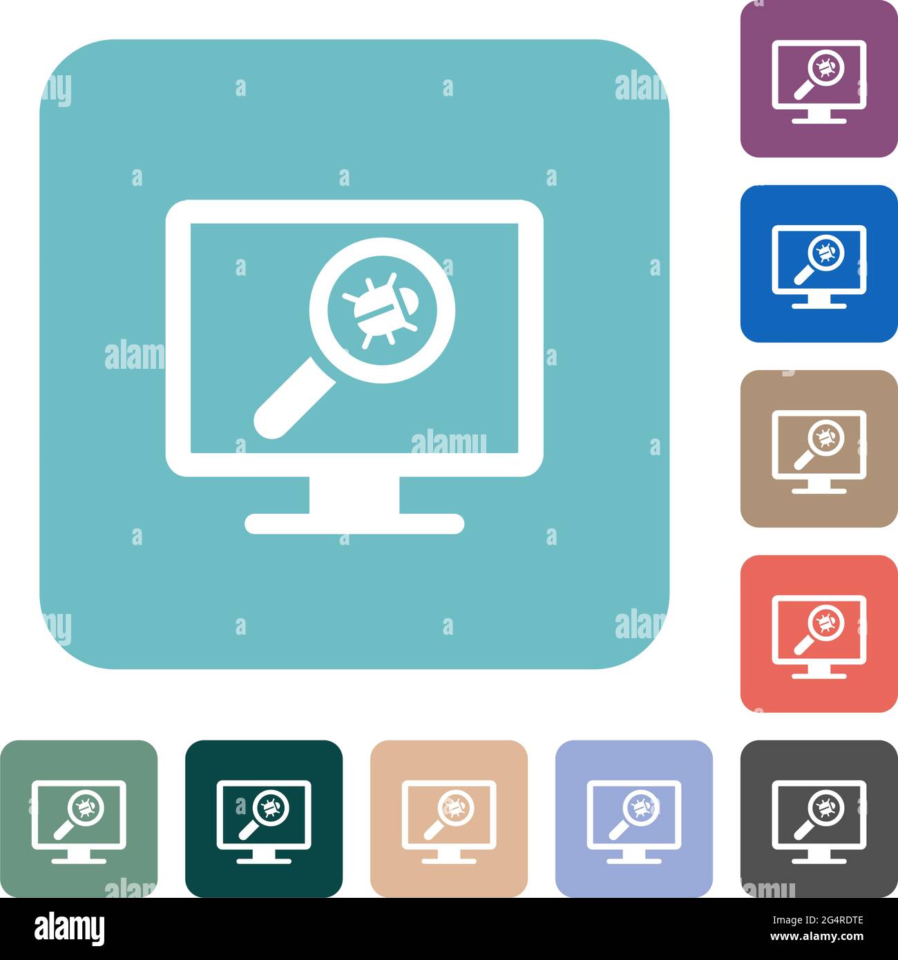 Virus scanning on computer white flat icons on color rounded square ...