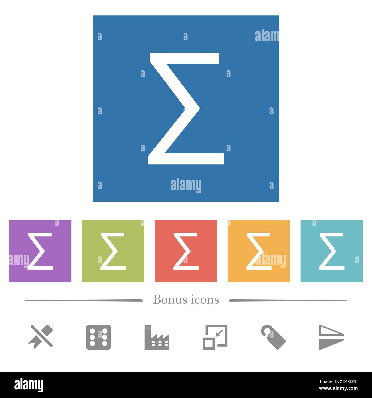 Sum symbol flat white icons in square backgrounds. 6 bonus icons ...
