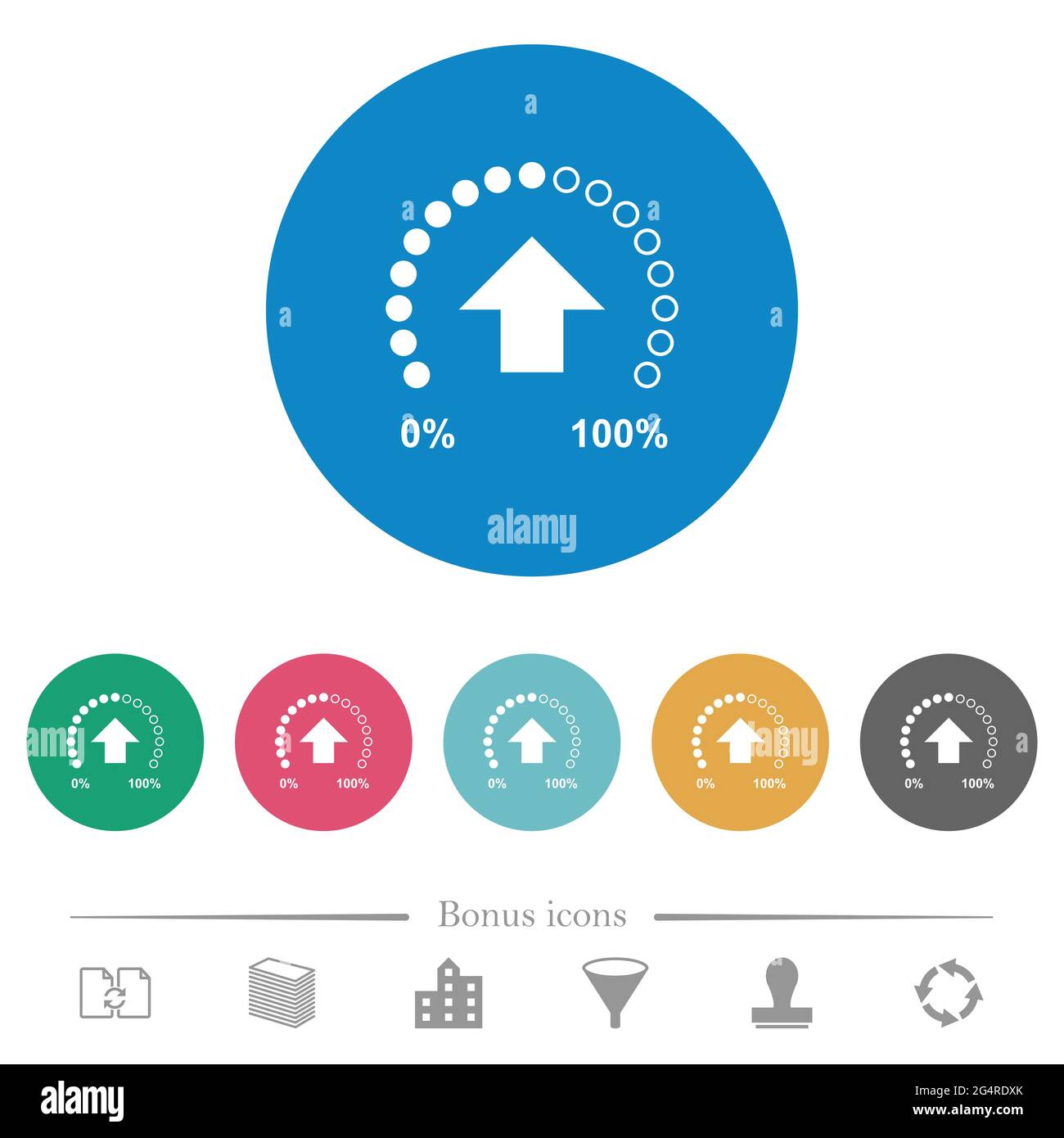 Upload in progress flat white icons on round color backgrounds. 6 bonus ...