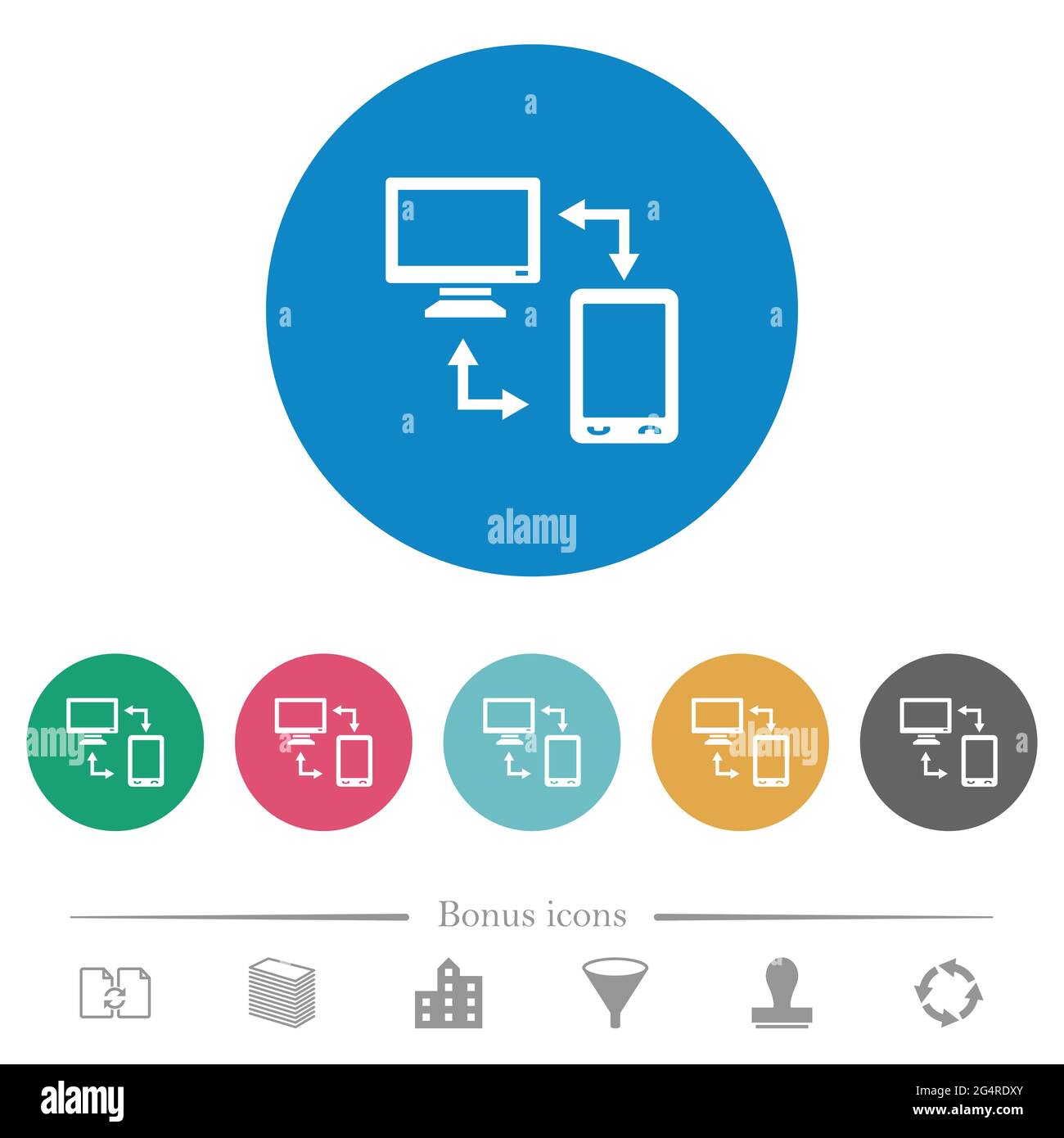 Connecting mobile to desktop flat white icons on round color ...