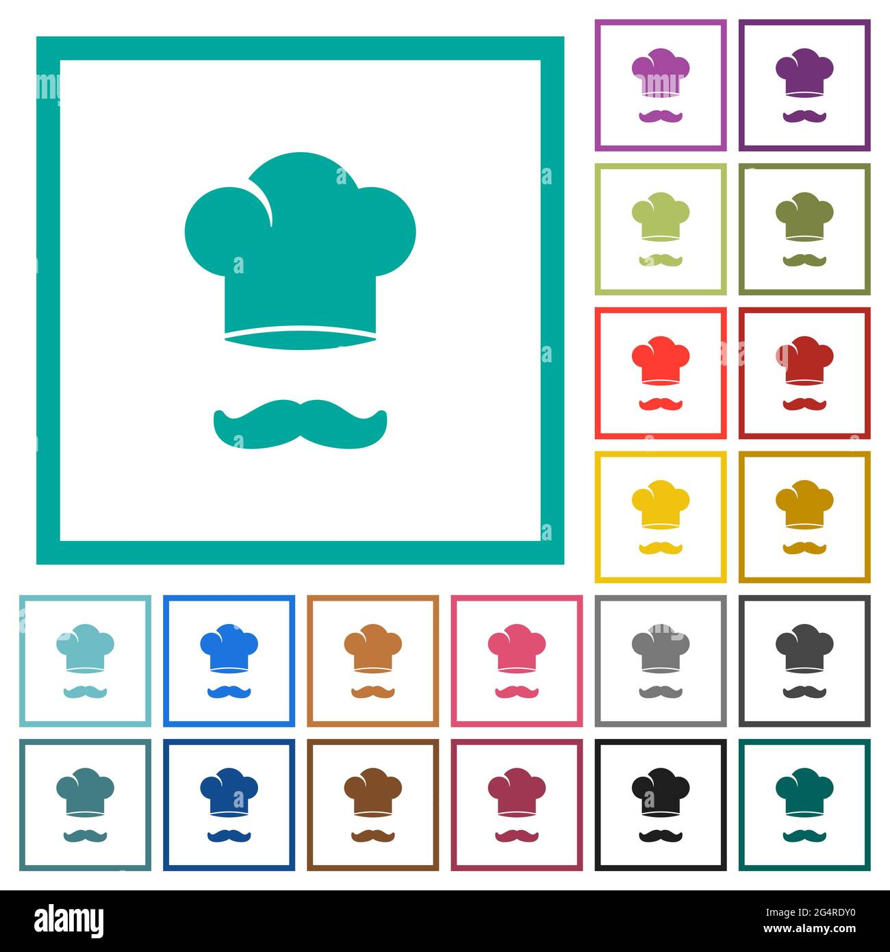 Chef hat and mustache flat color icons with quadrant frames on white ...