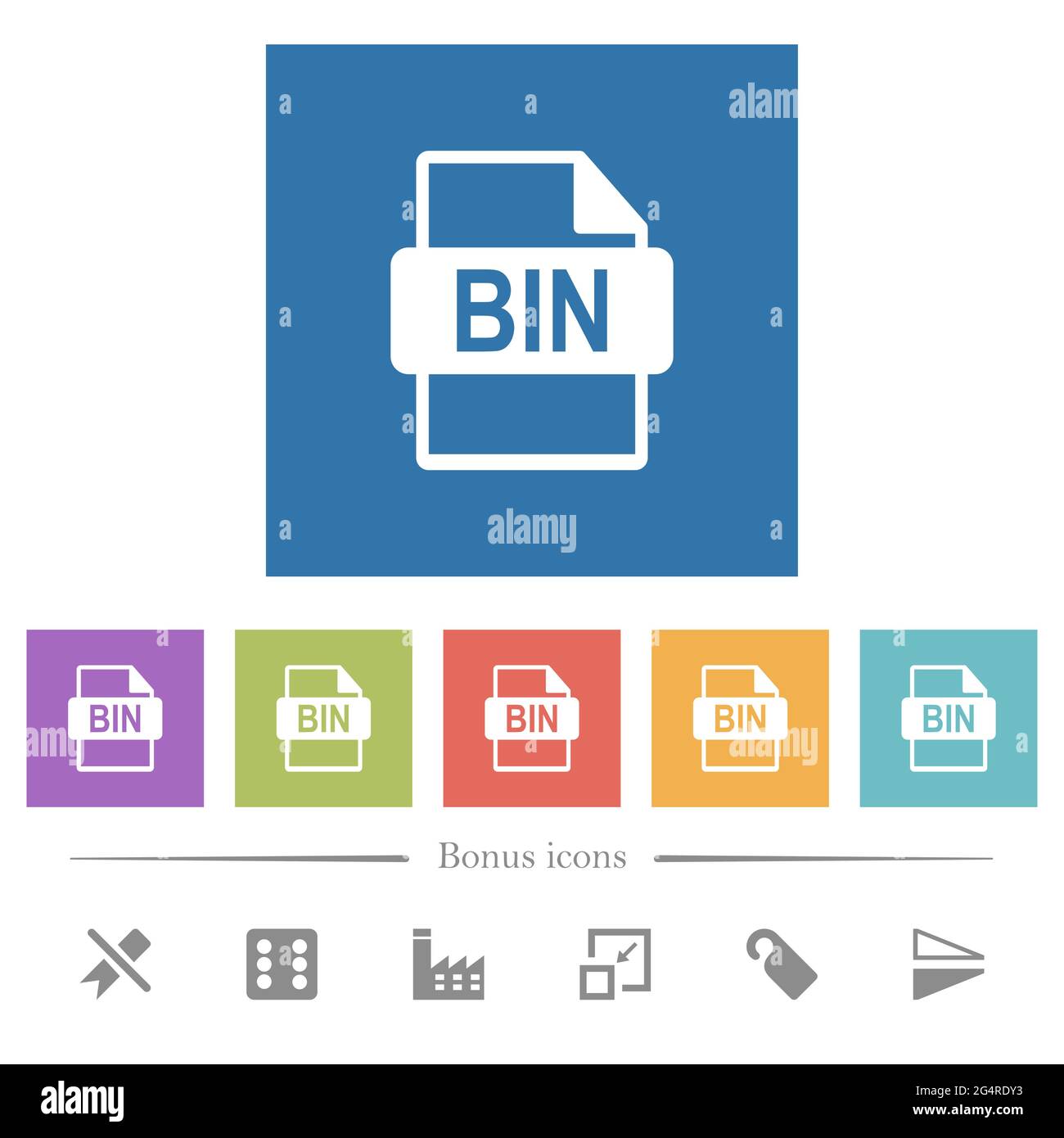 Bin file format flat white icons in square backgrounds. 6 bonus icons ...