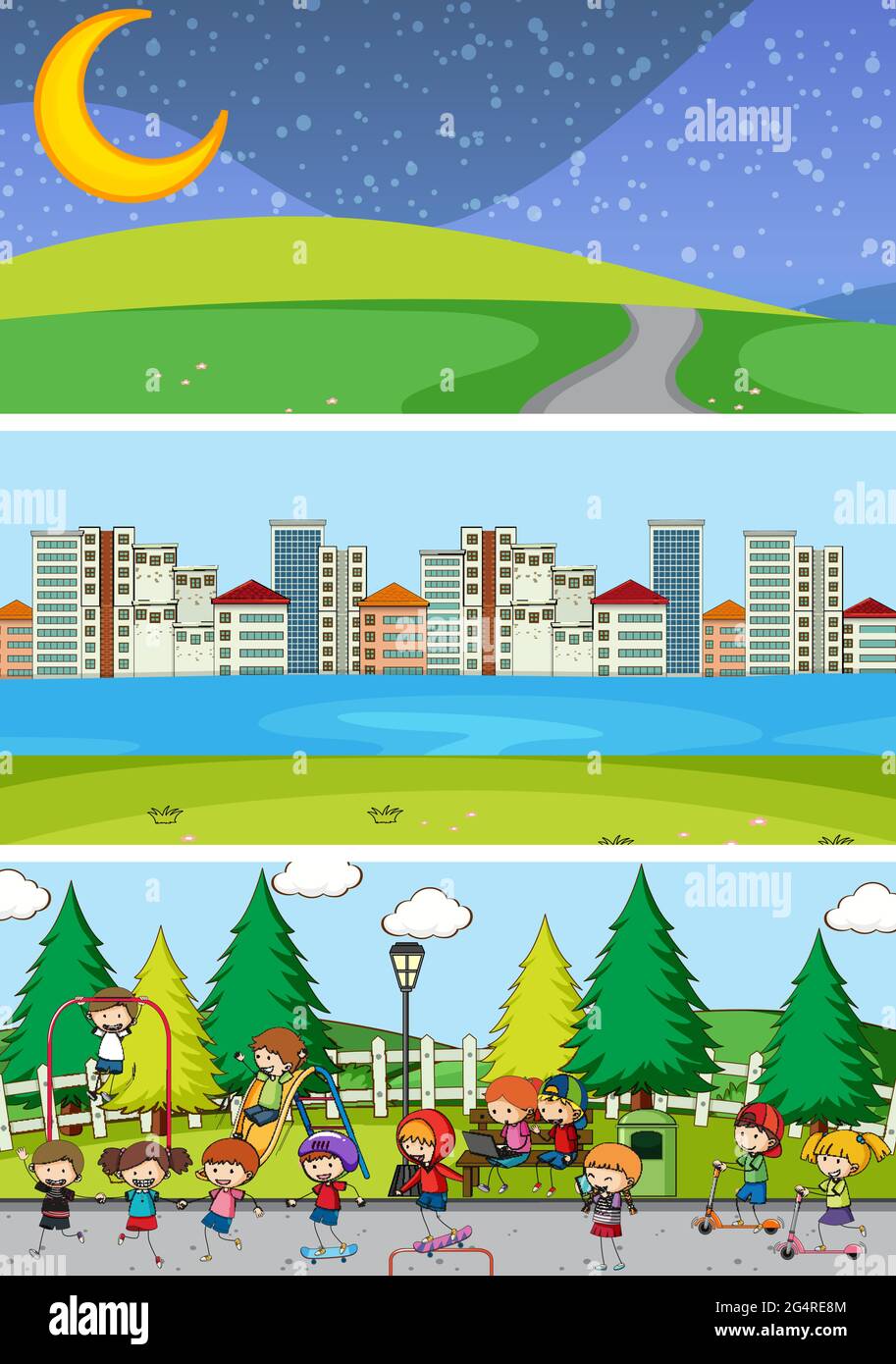 Set of different horizon scenes background with doodle kids cartoon ...