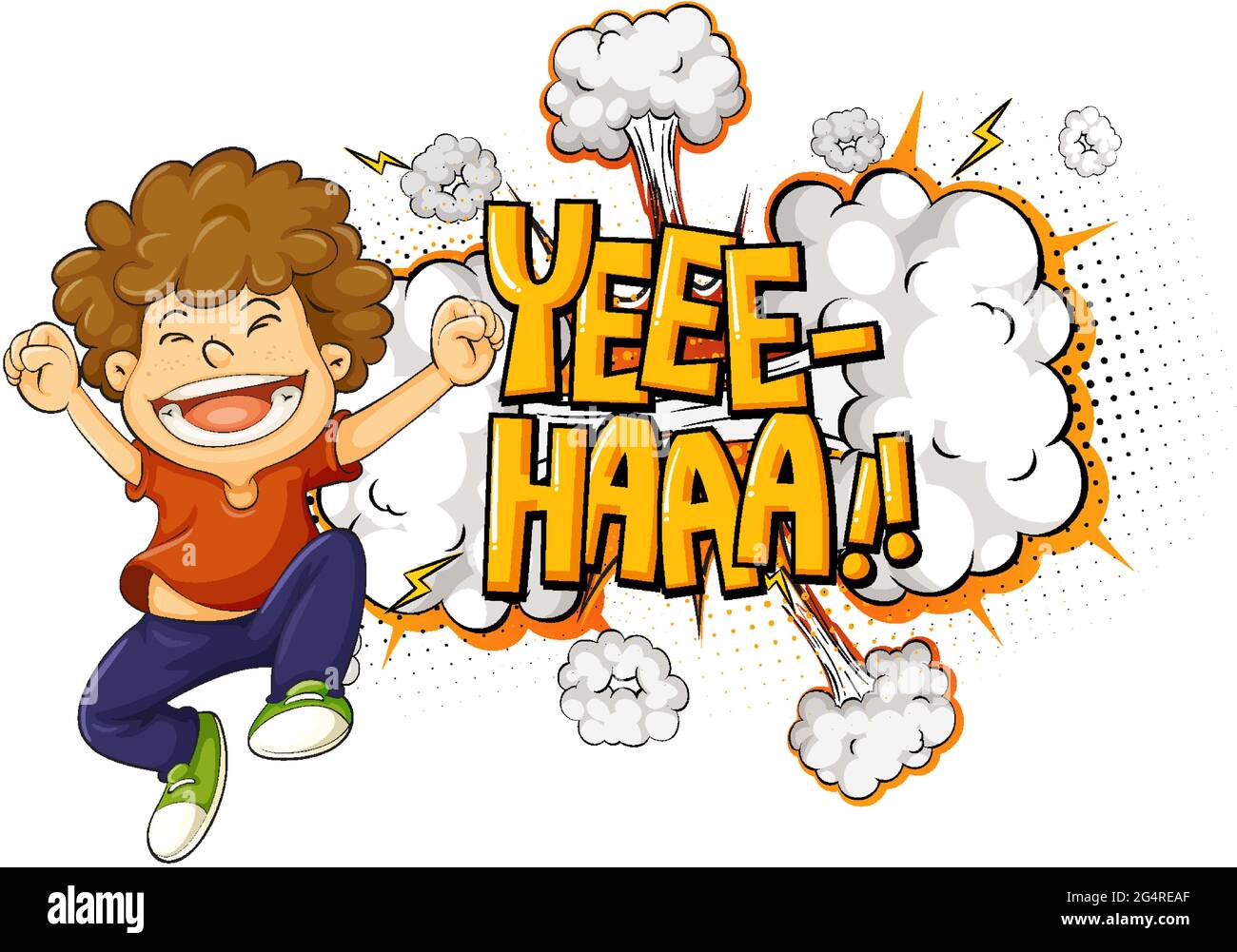 YEEE-HAAA word on bomb explosion with a boy cartoon character isolated ...