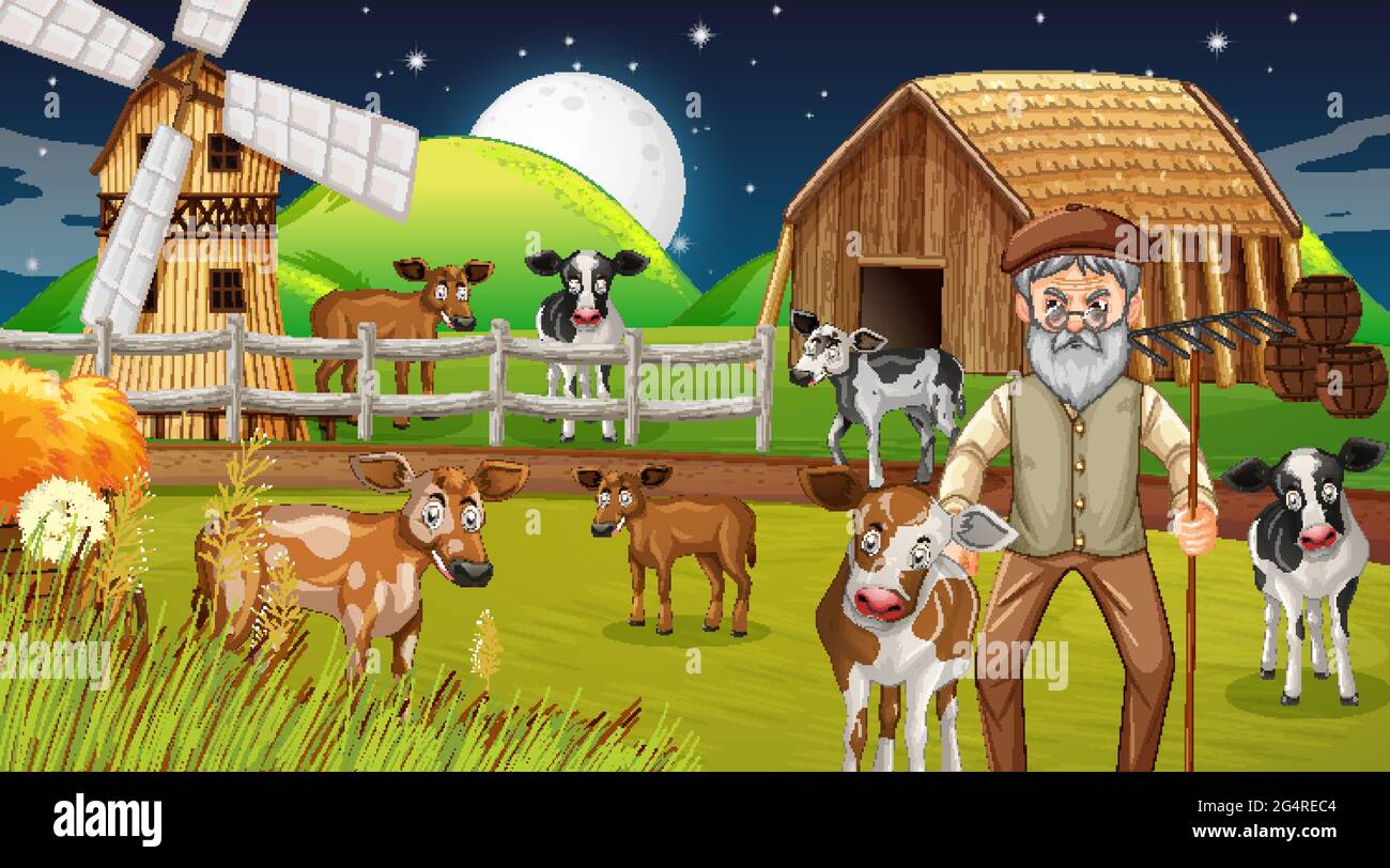 Farm at night scene with old farmer man and farm animals illustration ...