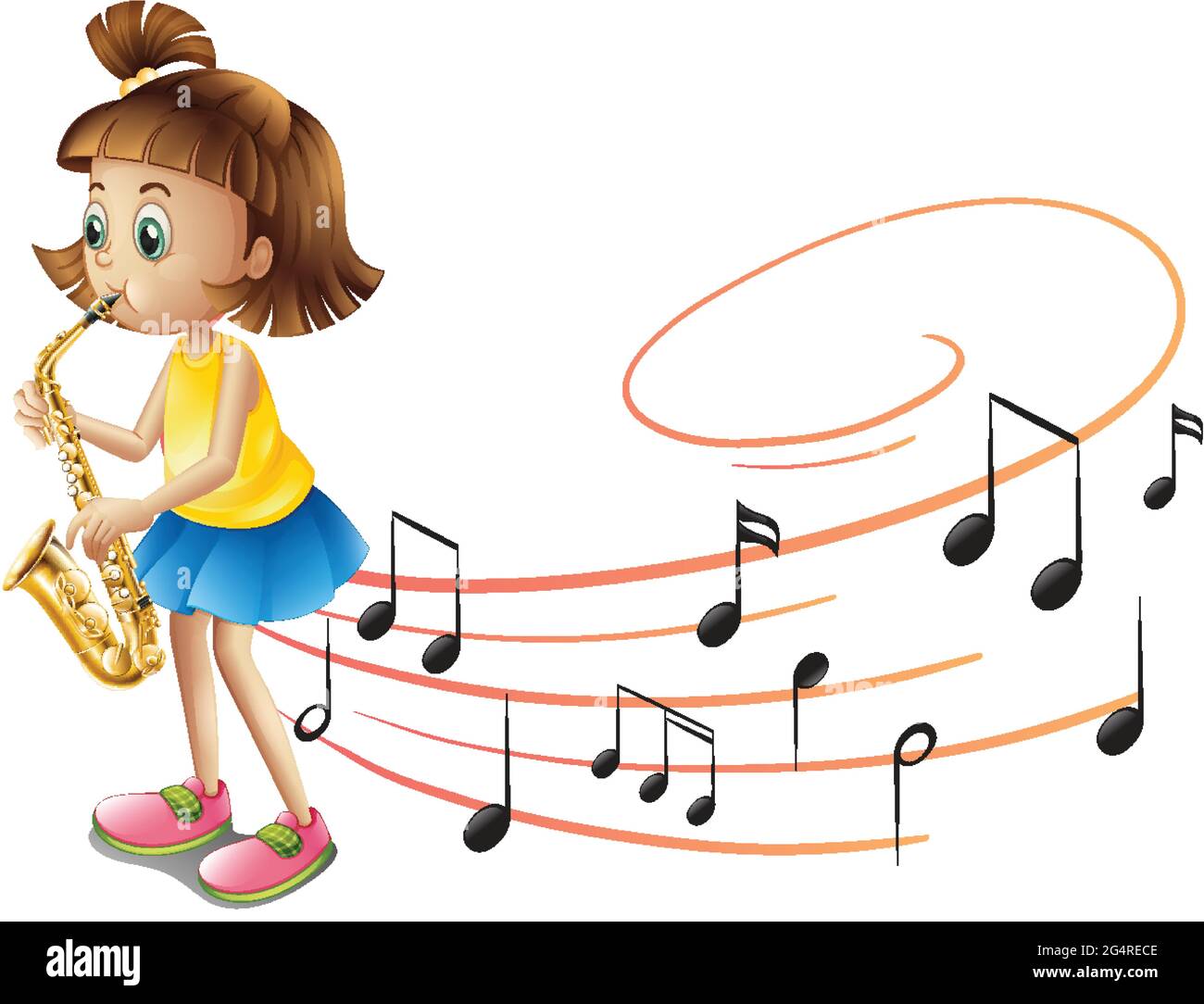 Cartoon character of a girl playing saxophone with musical melody ...