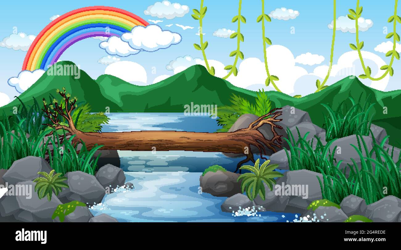Stream flowing through the forest with mountain background and rainbow ...