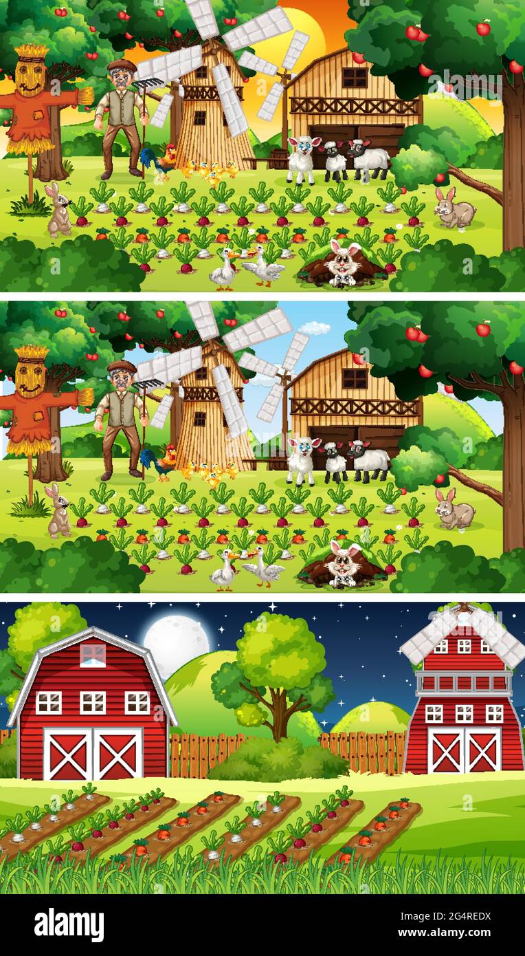 Different farm scenes with old farmer and animal cartoon character ...