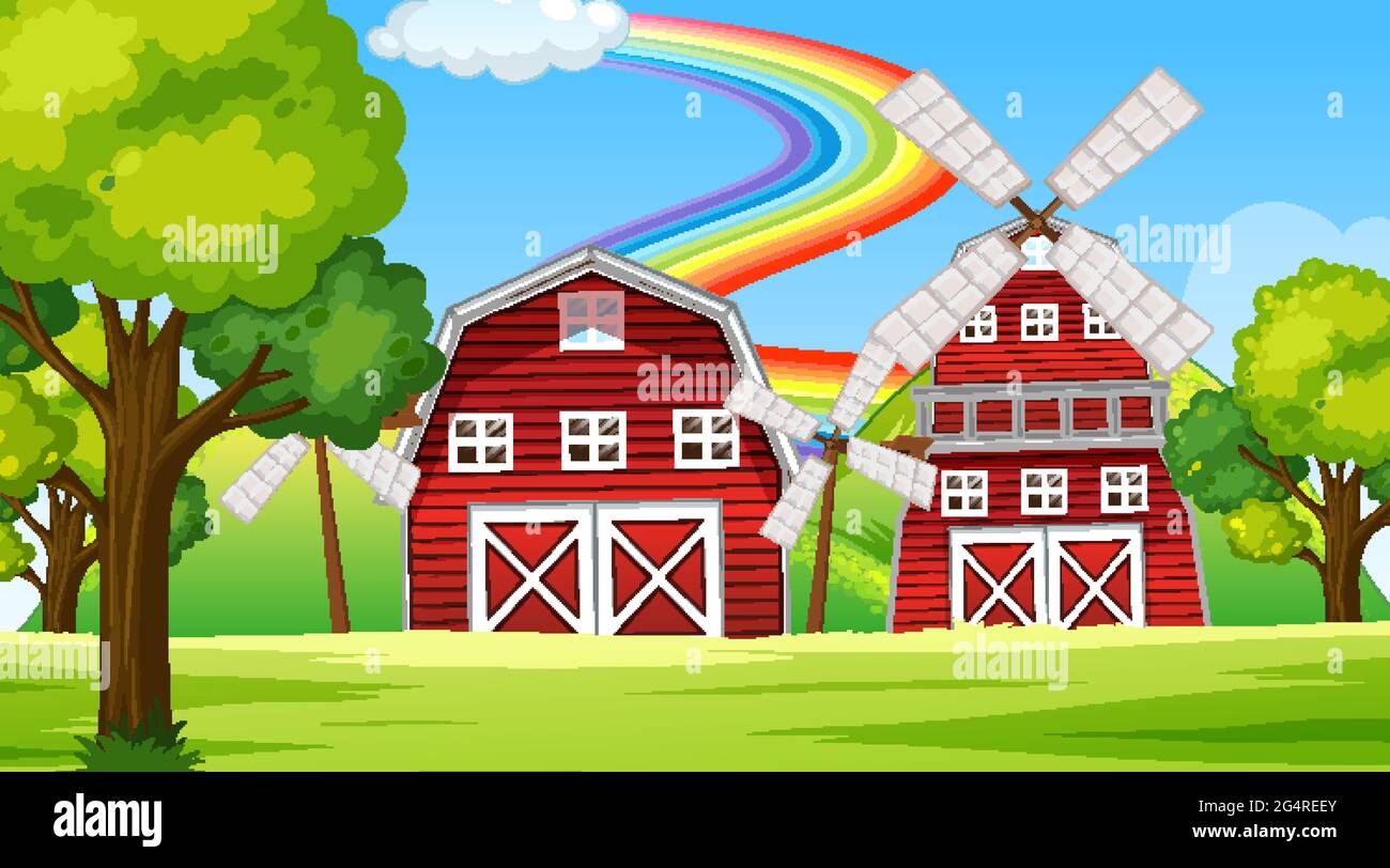 Farm landscape scene with barn and windmill illustration Stock Vector ...
