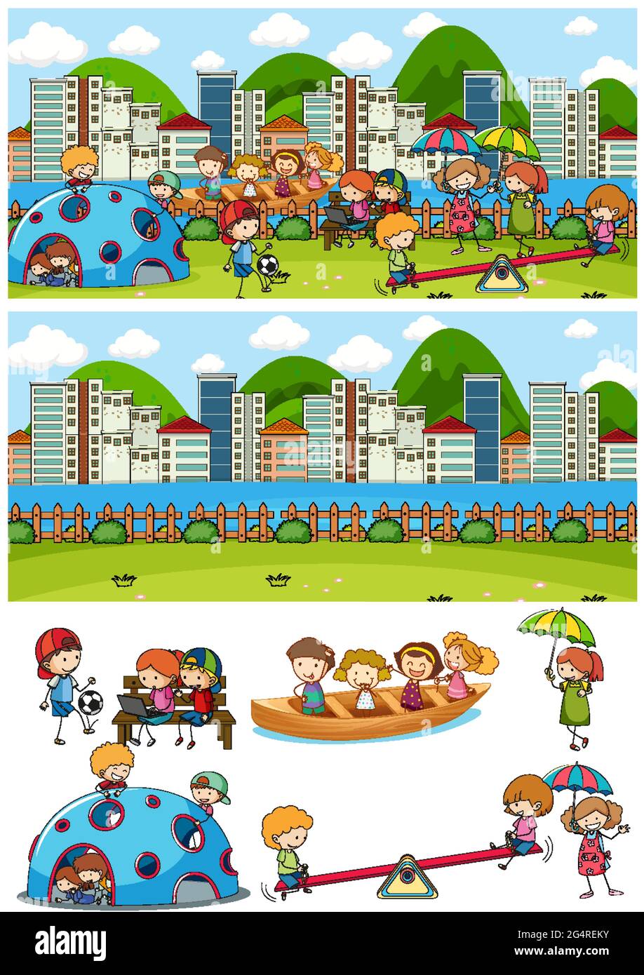 Set of different horizontal scenes background with doodle kids cartoon ...