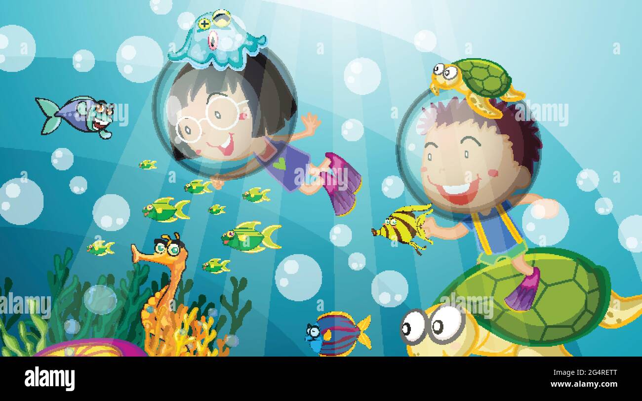 Underwater scene with happy kids scuba diving illustration Stock Vector ...