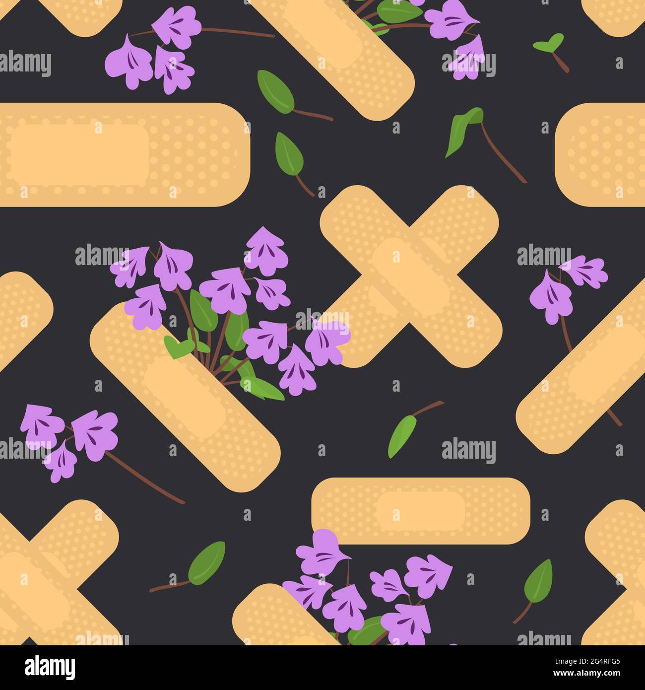 Seamless pattern with sticking plasters and purple flowers. Medical ...