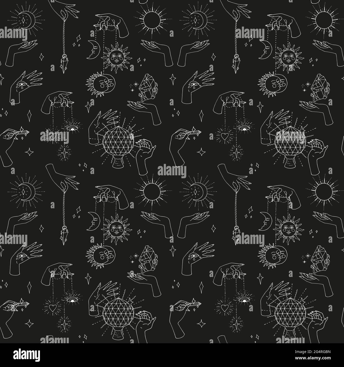 Seamless pattern with hand drawn doodle line art female witch hands ...