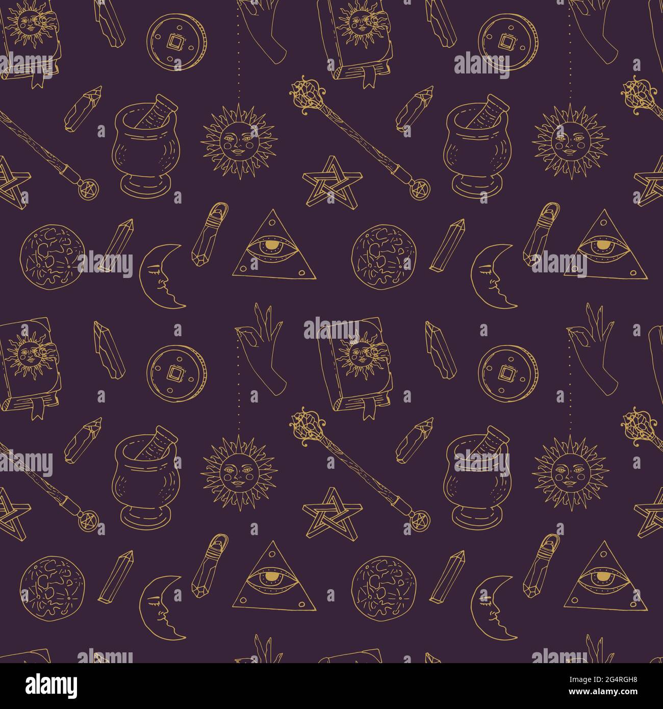 Seamless pattern with hand drawn doodle line art celestial bodies and magic items. Spiritual ...