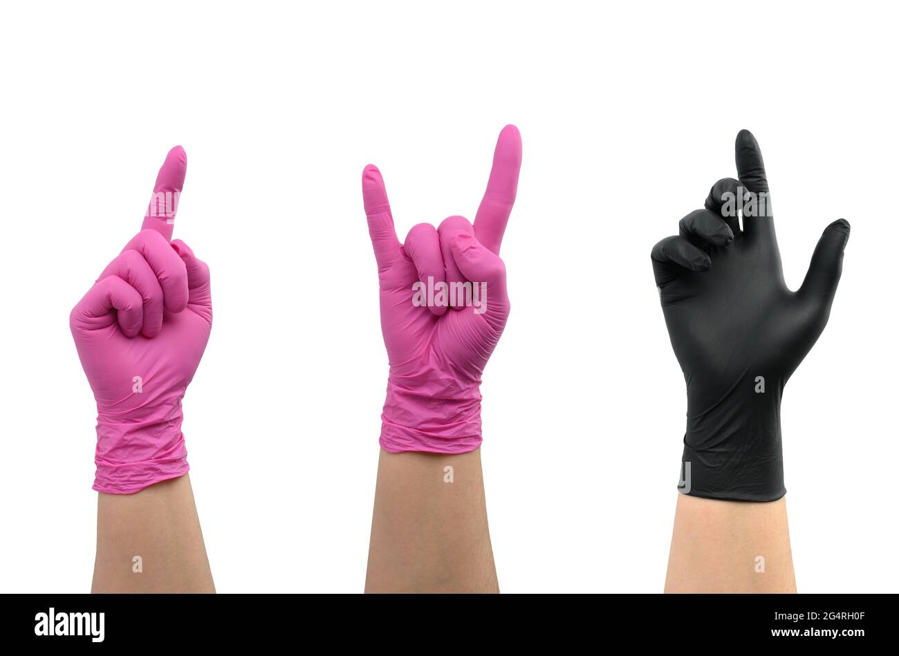 female hand in pink and black latex glove isolated on white background. The index finger is ...