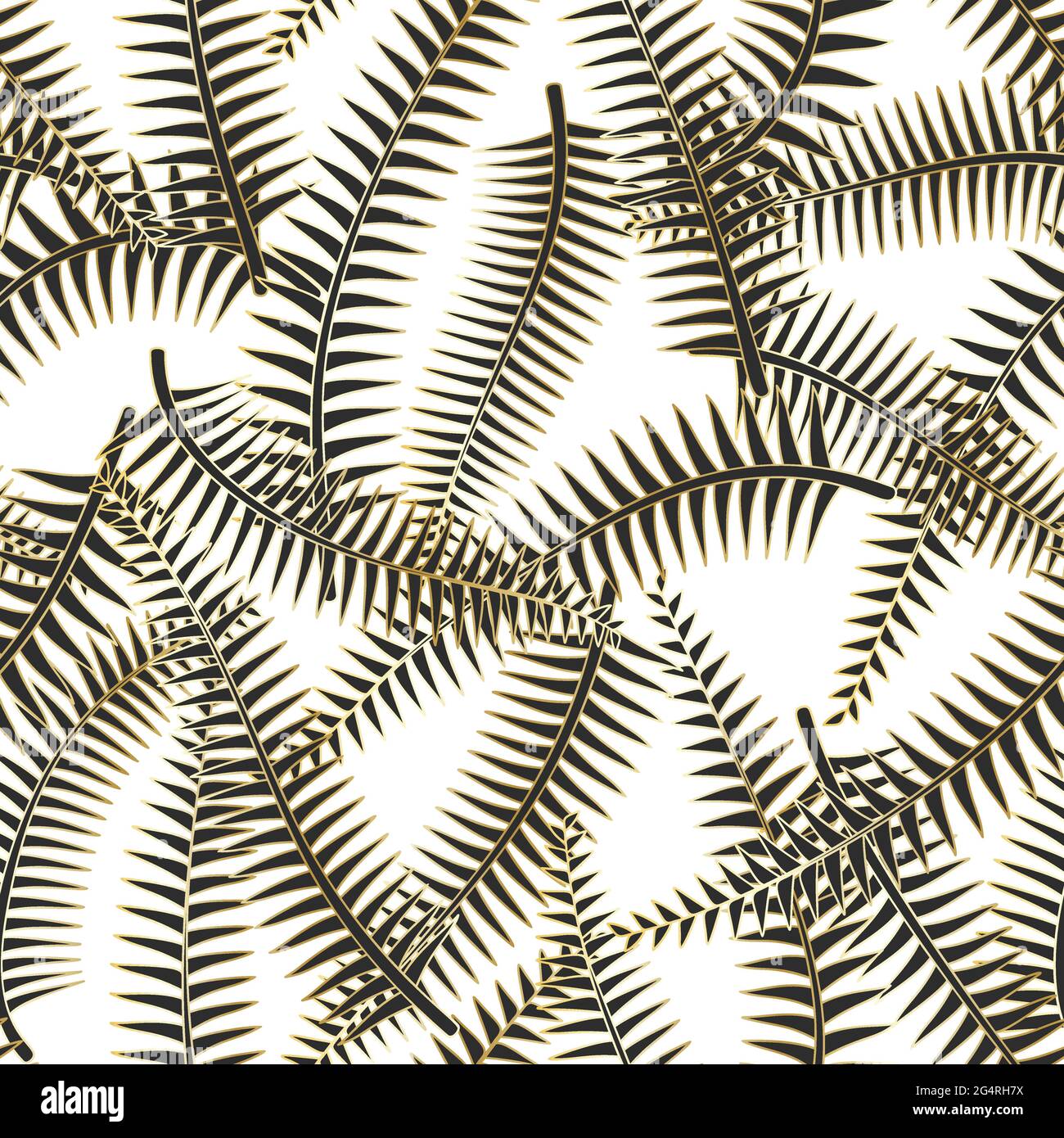 Tropical fern leaves white outline drawing seamless pattern. White ...