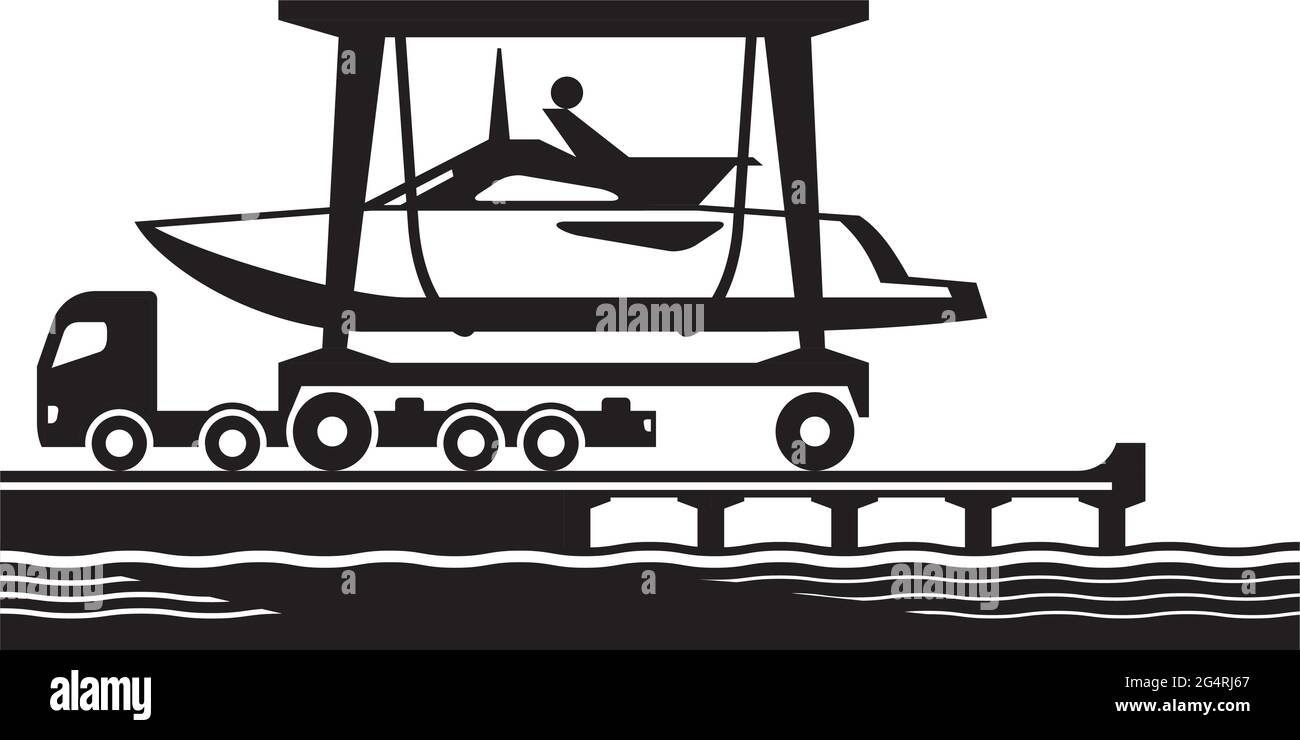 Mobile boat hoist moving yacht from truck to the sea - vector ...