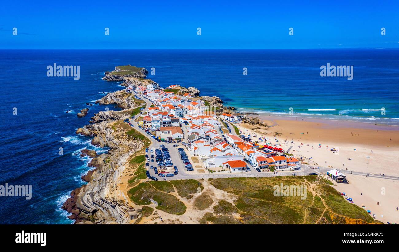 Aerial view of island Baleal naer Peniche on the shore of the ocean in ...