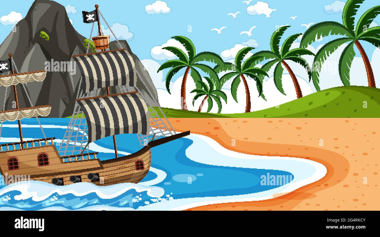Ocean with Pirate ship at day time scene in cartoon style illustration ...