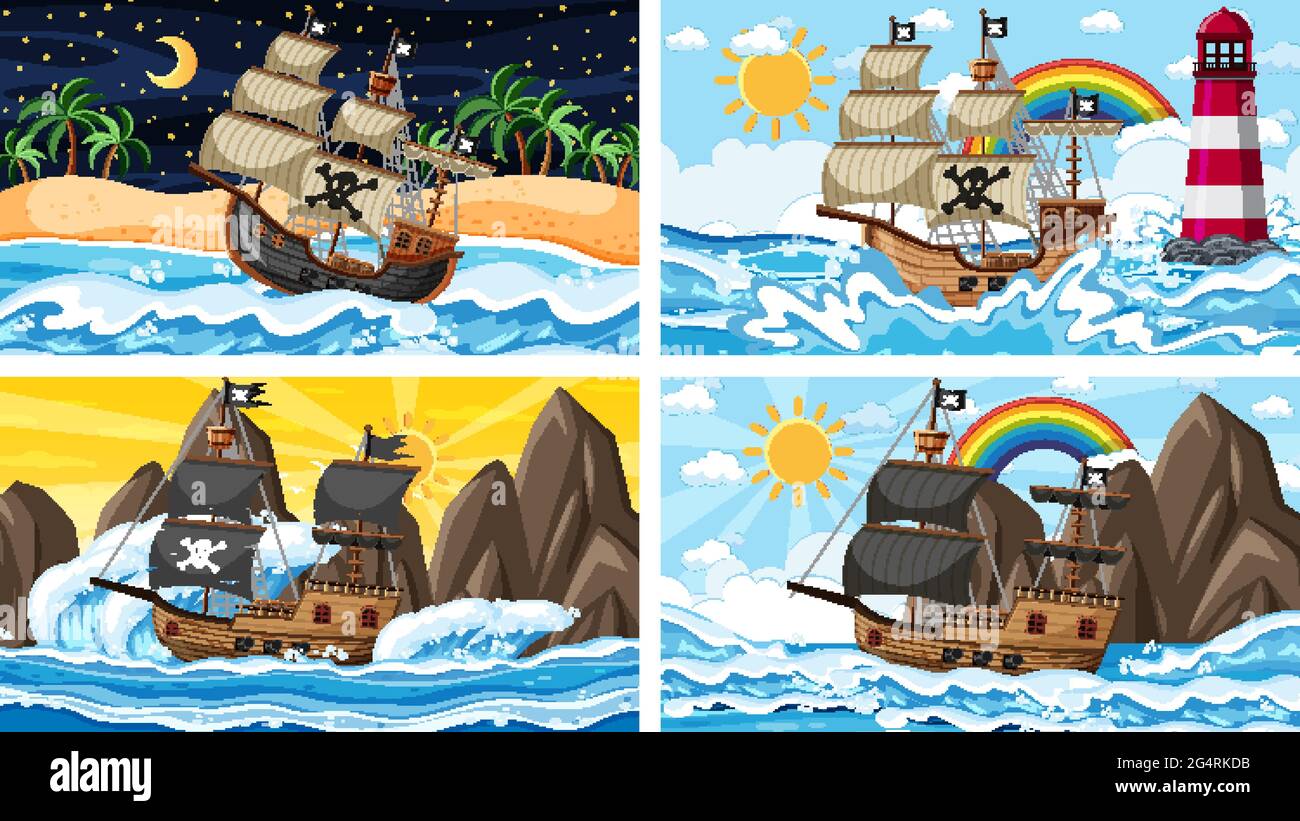 Set of Ocean with Pirate ship at different times scenes in cartoon ...