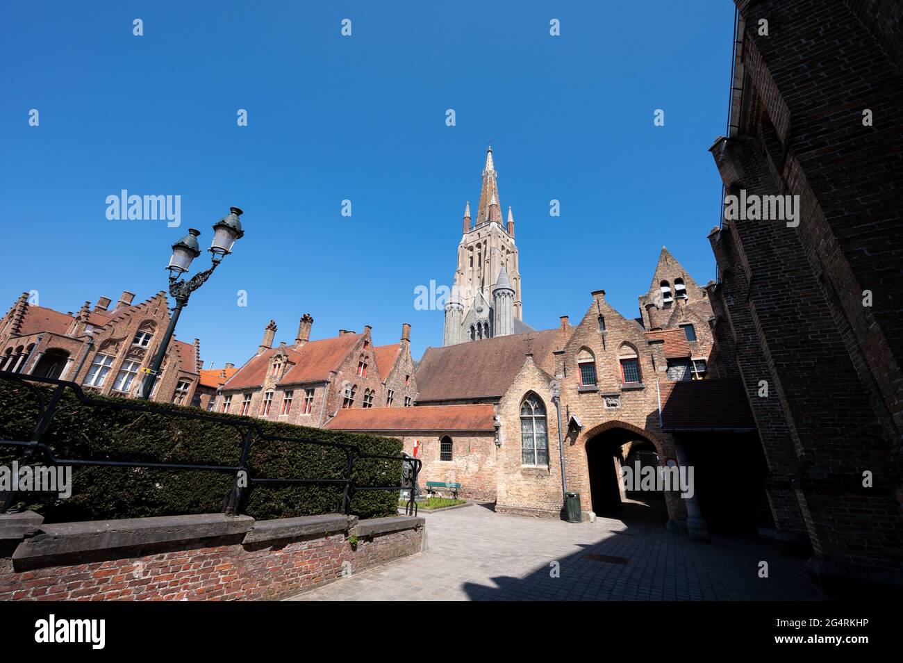 27 April 2021, Bruges, Belgium, walking on medieval Bruges streets in ...